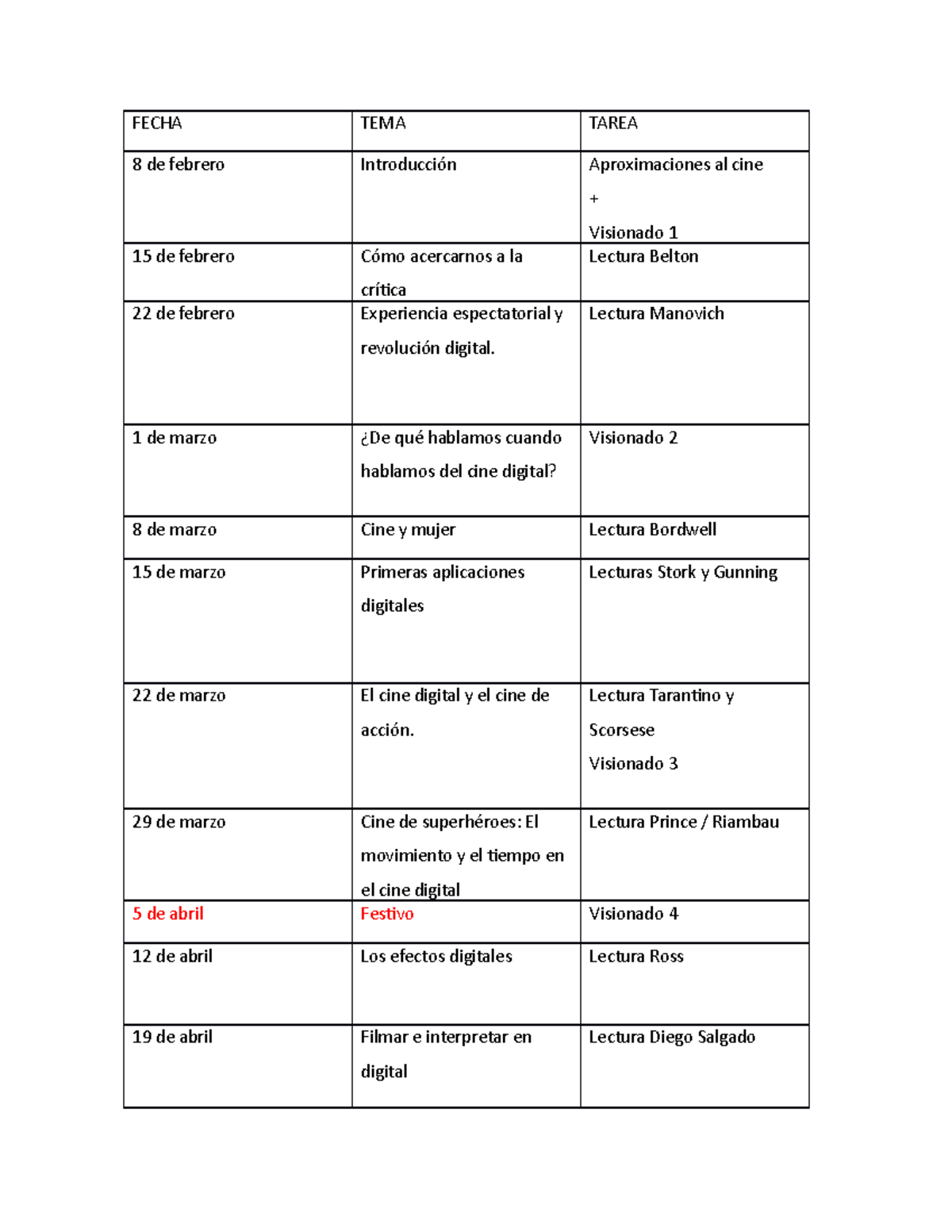 Cronogramas Nah Fecha Tema Tarea 8 De Febrero Introducción Aproximaciones Al Cine