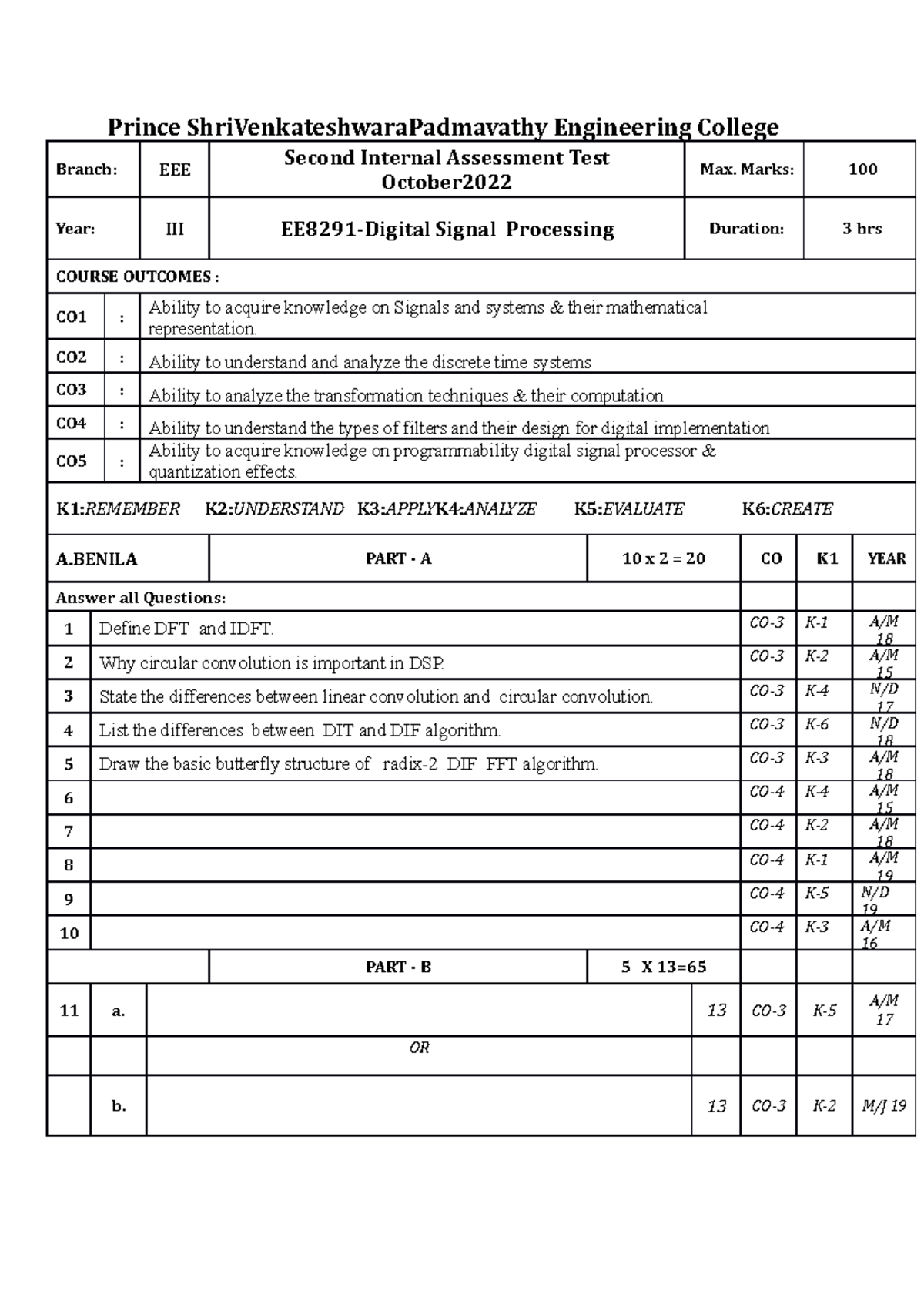 EE8291-DSP IAT2 QP - Electrica and electronic communication - Prince ...