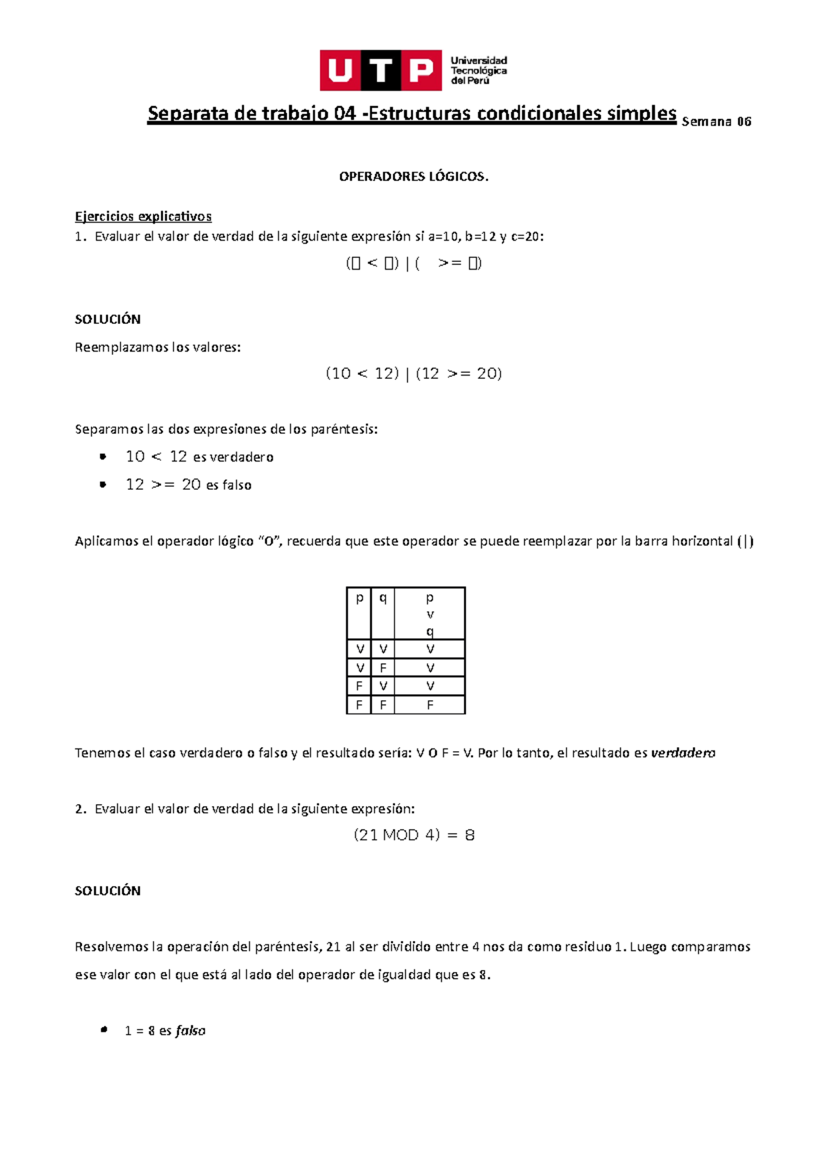 Separata 04 Unidad 02 - Separata de trabajo 04 -Estructuras condicionales simples Semana 06 ...