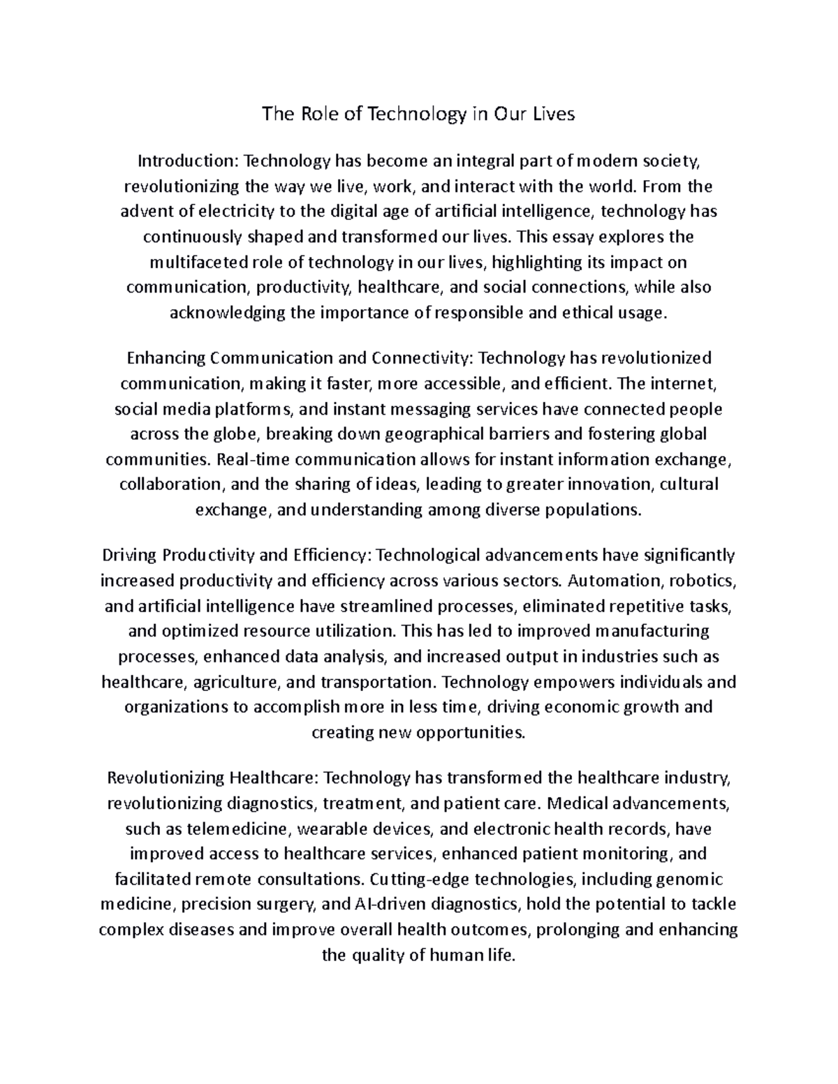 The Role of Technology in Our Lives - Studocu