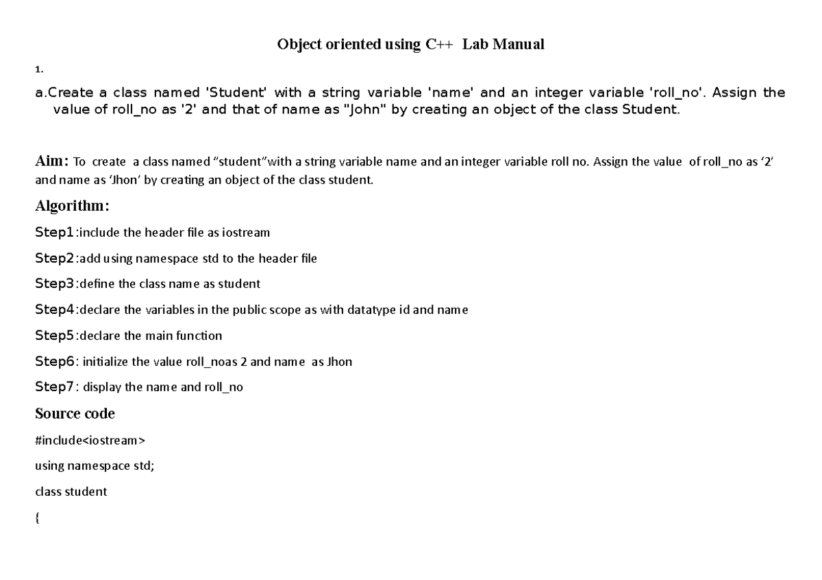 Oops lab manual - 16.03.22 - Object oriented using C++ Lab Manual a a class named 'Student' with ...