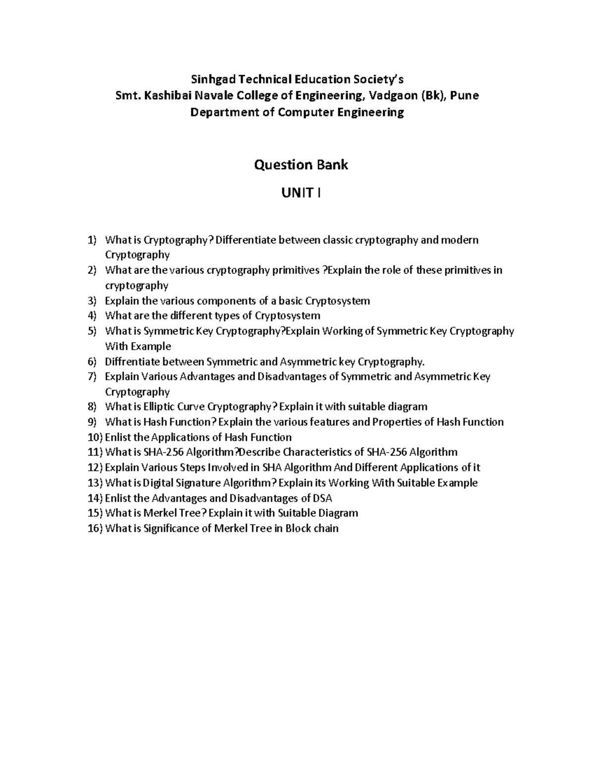 Question Bank Unit I Blockchain - Sinhgad Technical Education Society’s ...