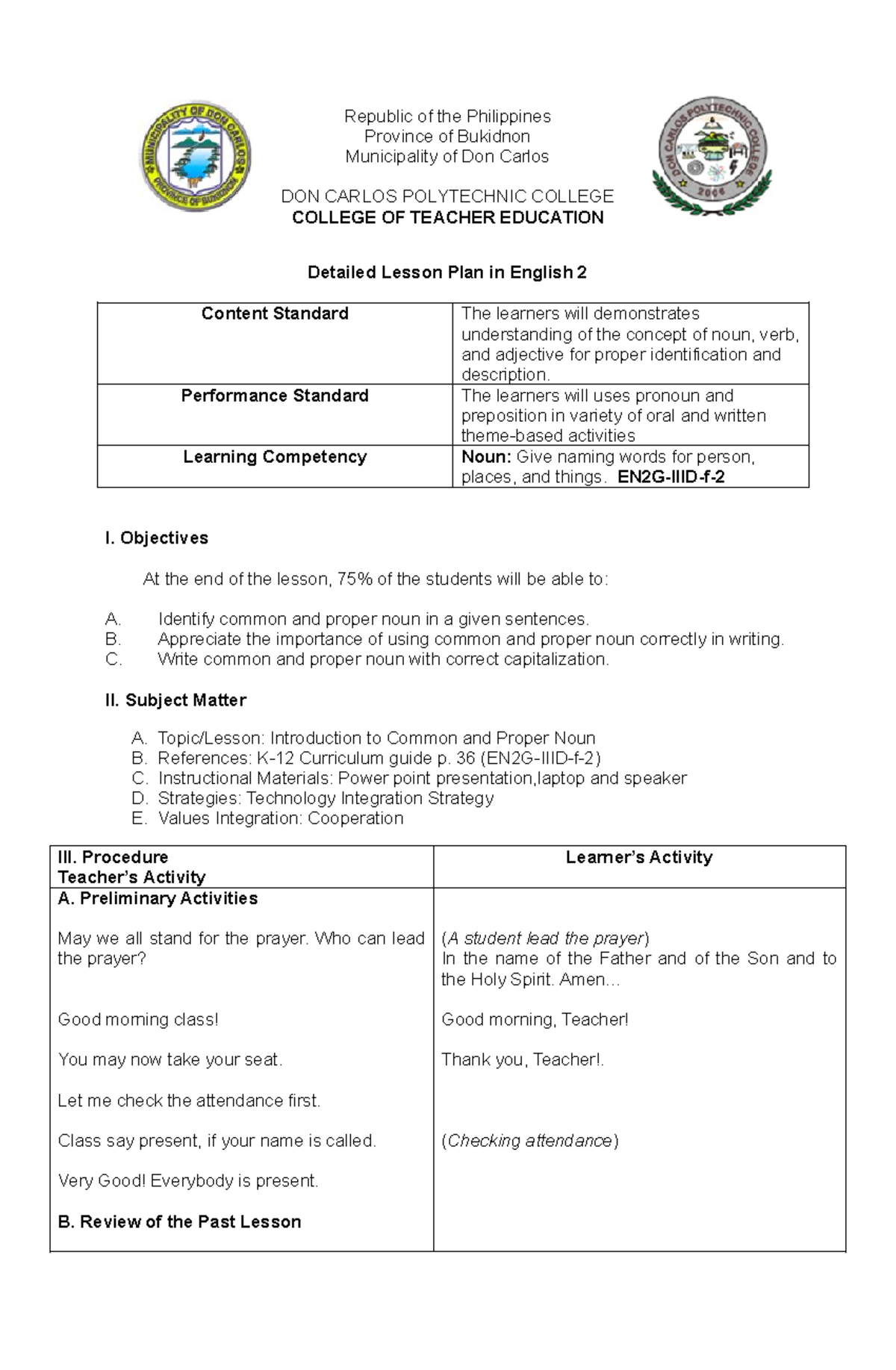 Adetailed - Lesson plan English - Republic of the Philippines Province ...