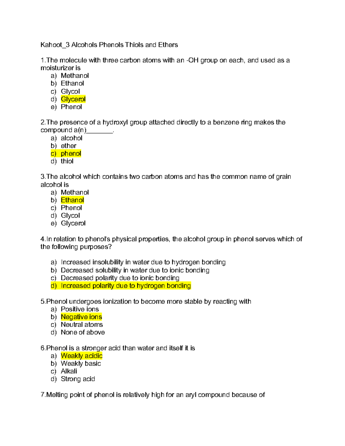 Kahoot 3 2 - chapter 2.6 chemistry - Kahoot_3 Alcohols Phenols Thiols ...