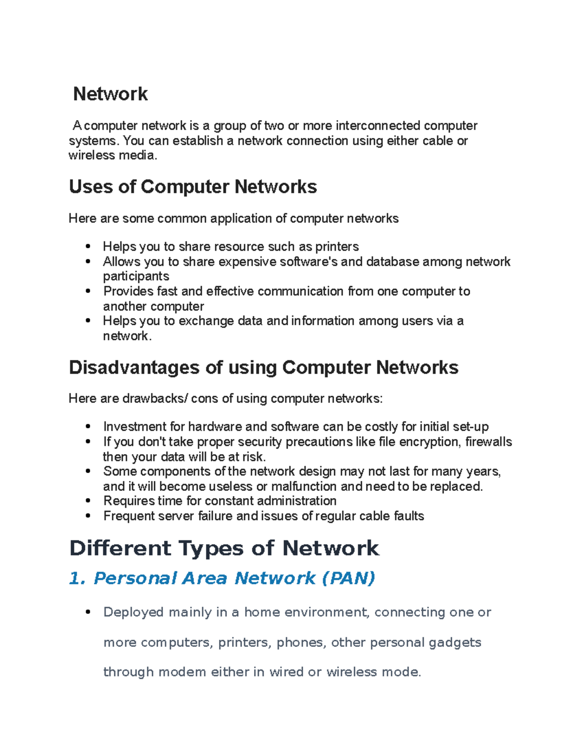 Network - easy notes - Network A computer network is a group of two or ...