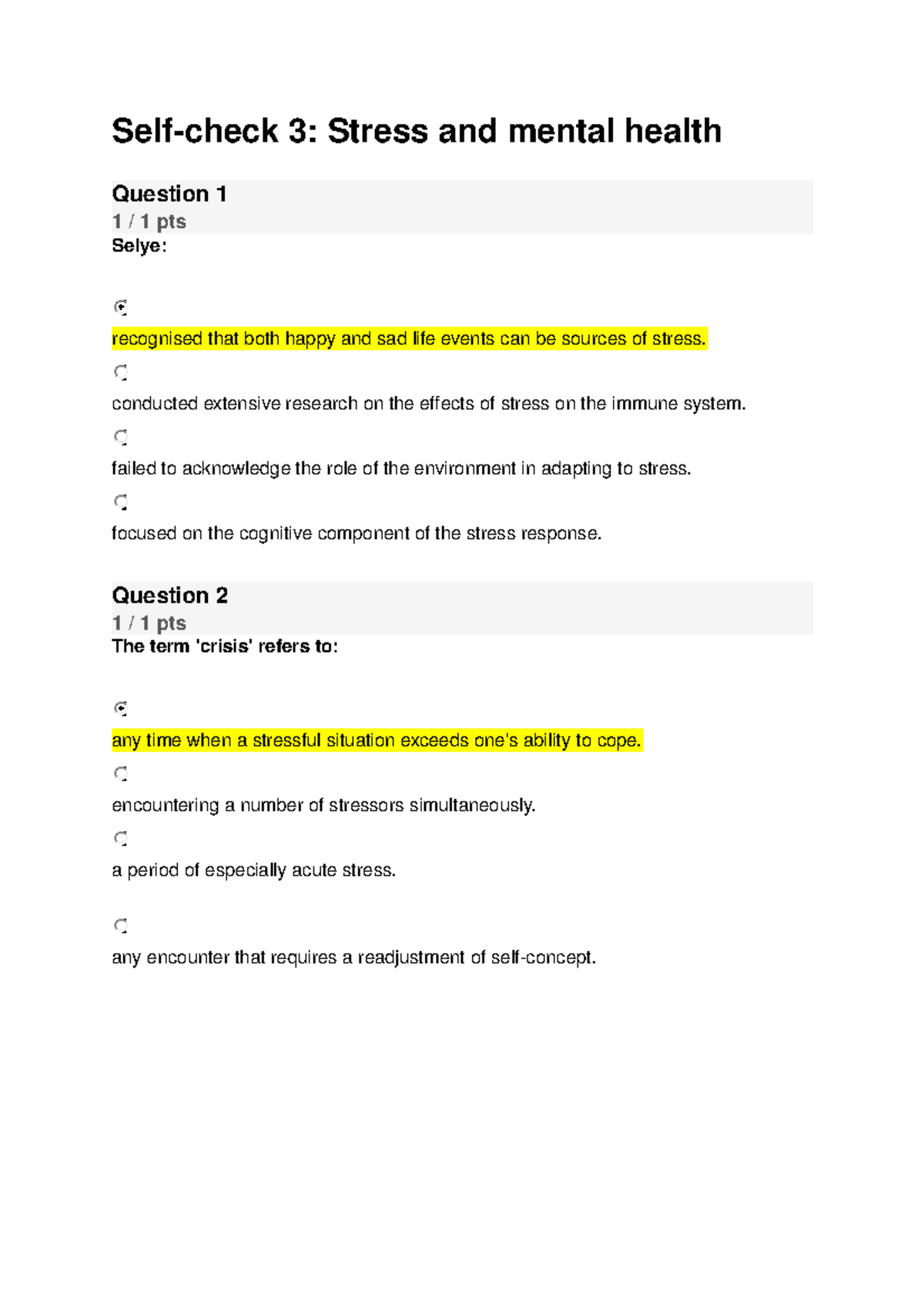 Self-check-Week 3 - Self check test. May be useful for multiple choice ...
