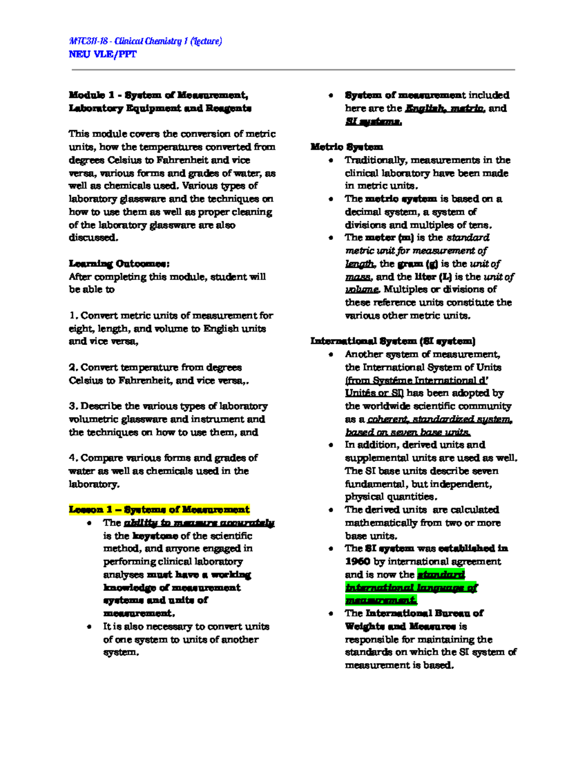 CC LEC-WEEK 1 - System of Measurement, Laboratort Equipment and ...