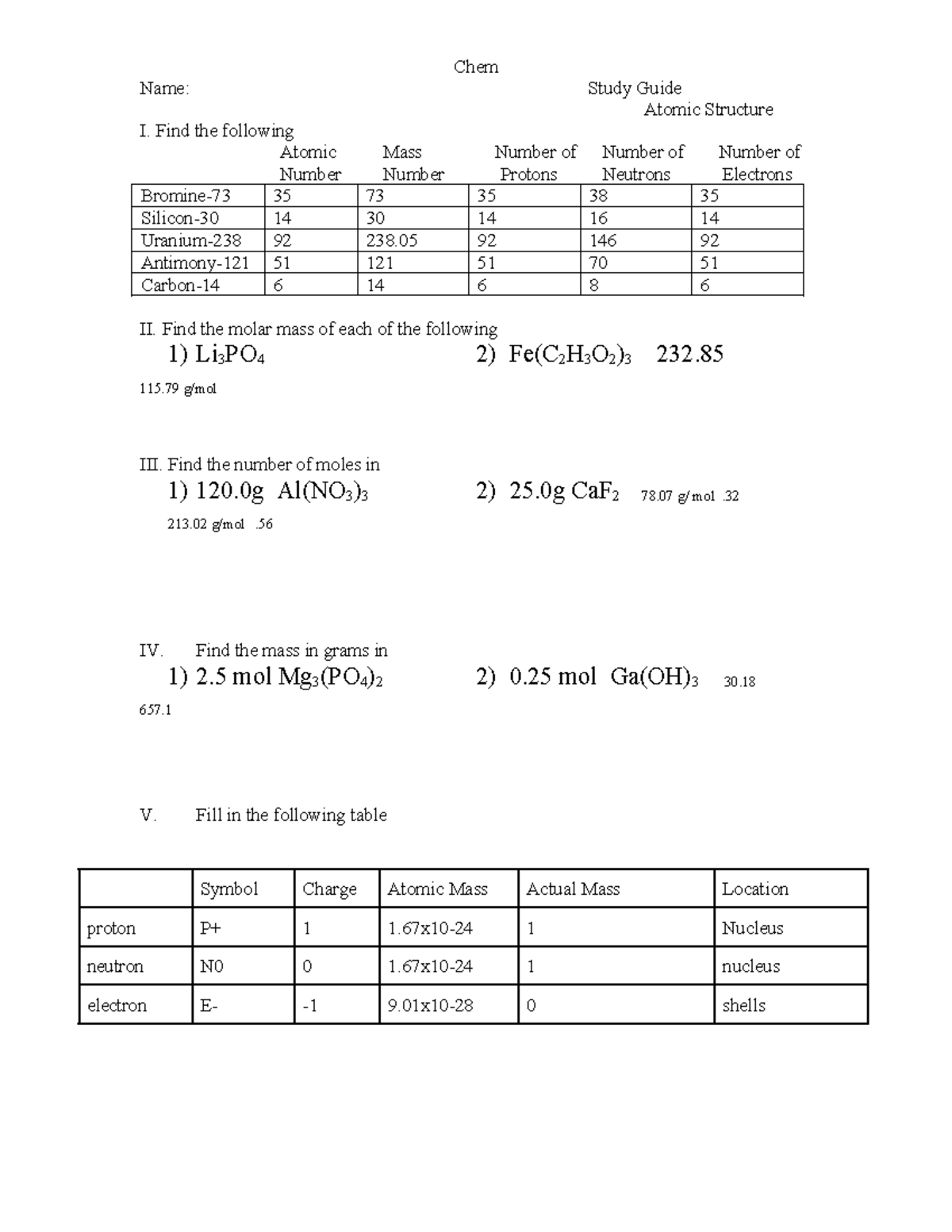 Copy of Atomic Structure Review 2024 - Chem Name: Study Guide Atomic ...