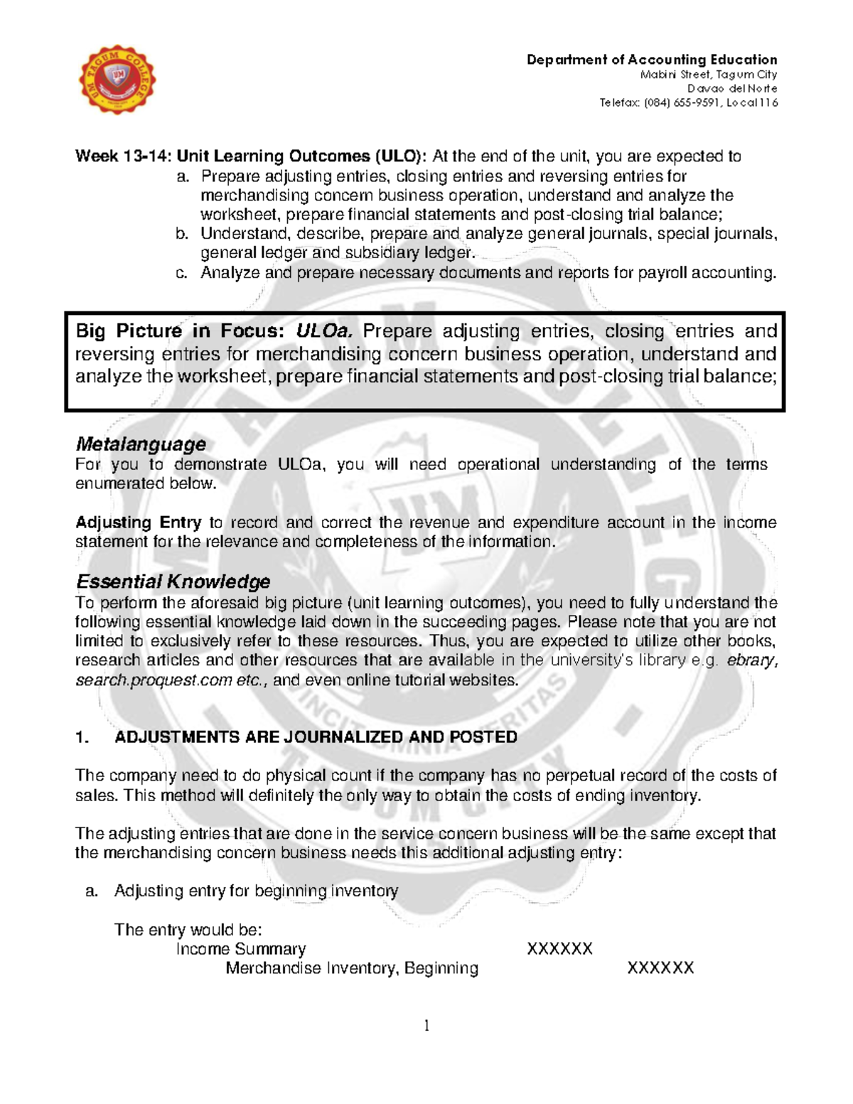 Week-13-14 ULOa-ULOb-ULOc - Mabini Street, Tagum City Davao del Norte Telefax: (084) 655-9591 ...