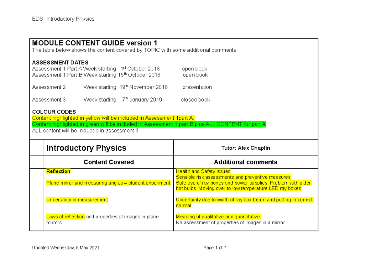 Content Covered in Introductory Physics v1 - MODULE CONTENT GUIDE ...