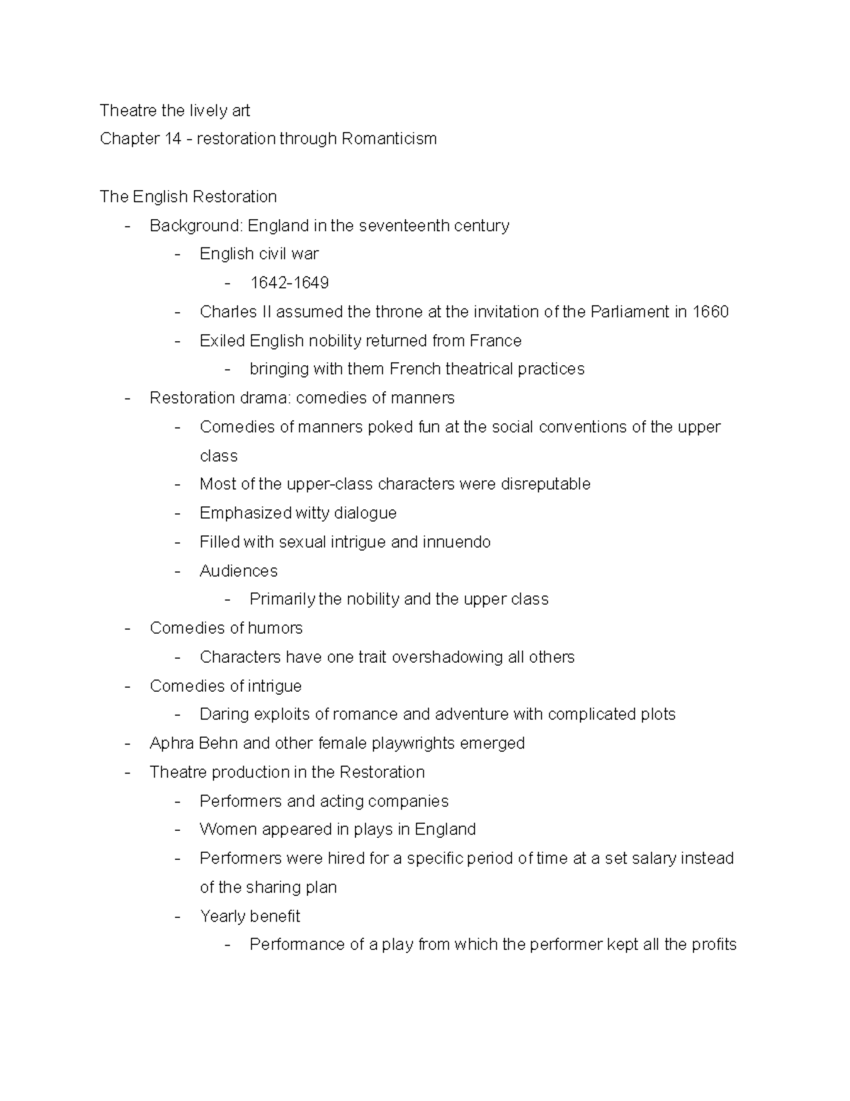 Chapter 14 Notes - Theatre the lively art Chapter 14 - restoration ...