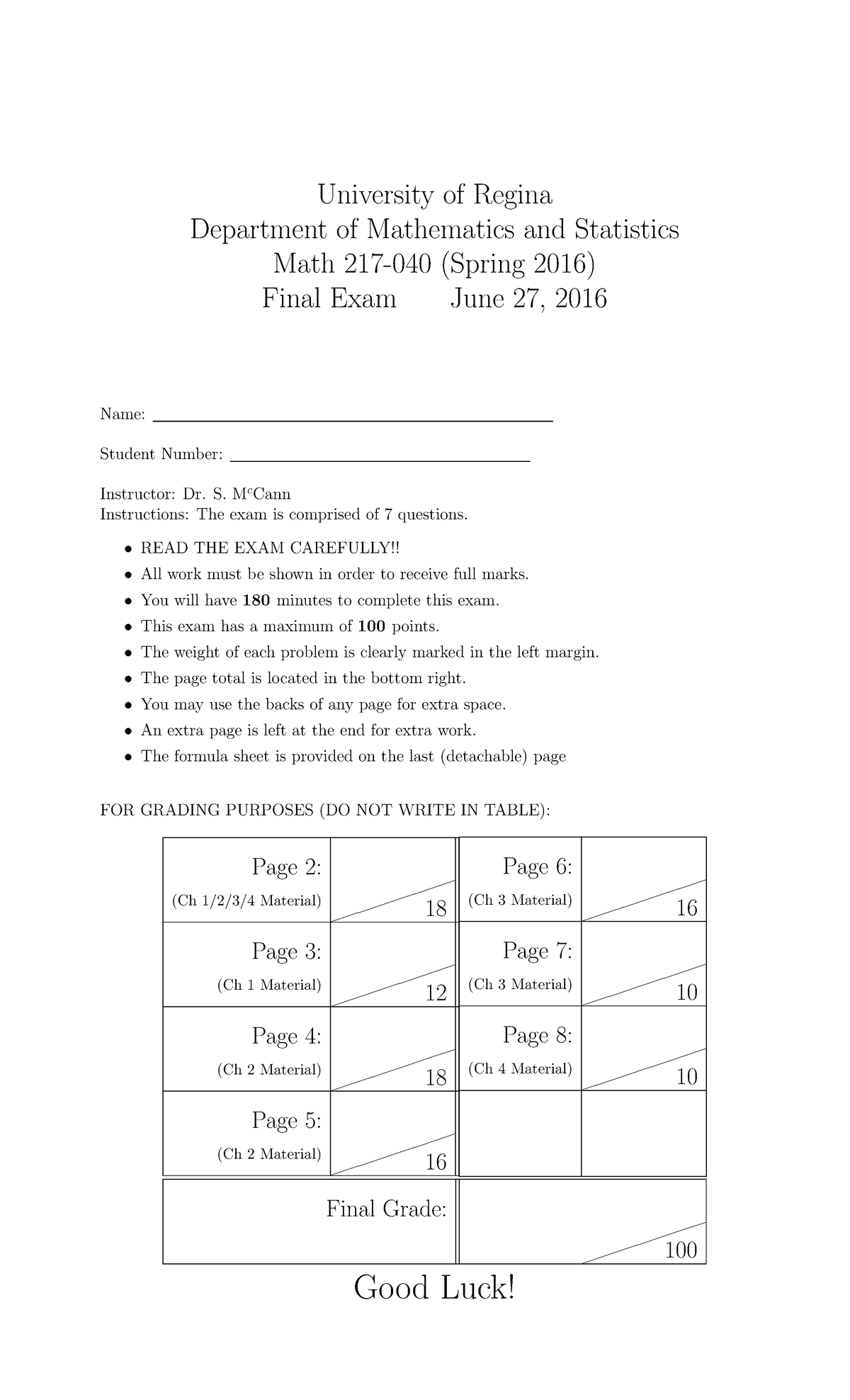 Spring 2016 final - University of Regina Department of Mathematics and ...