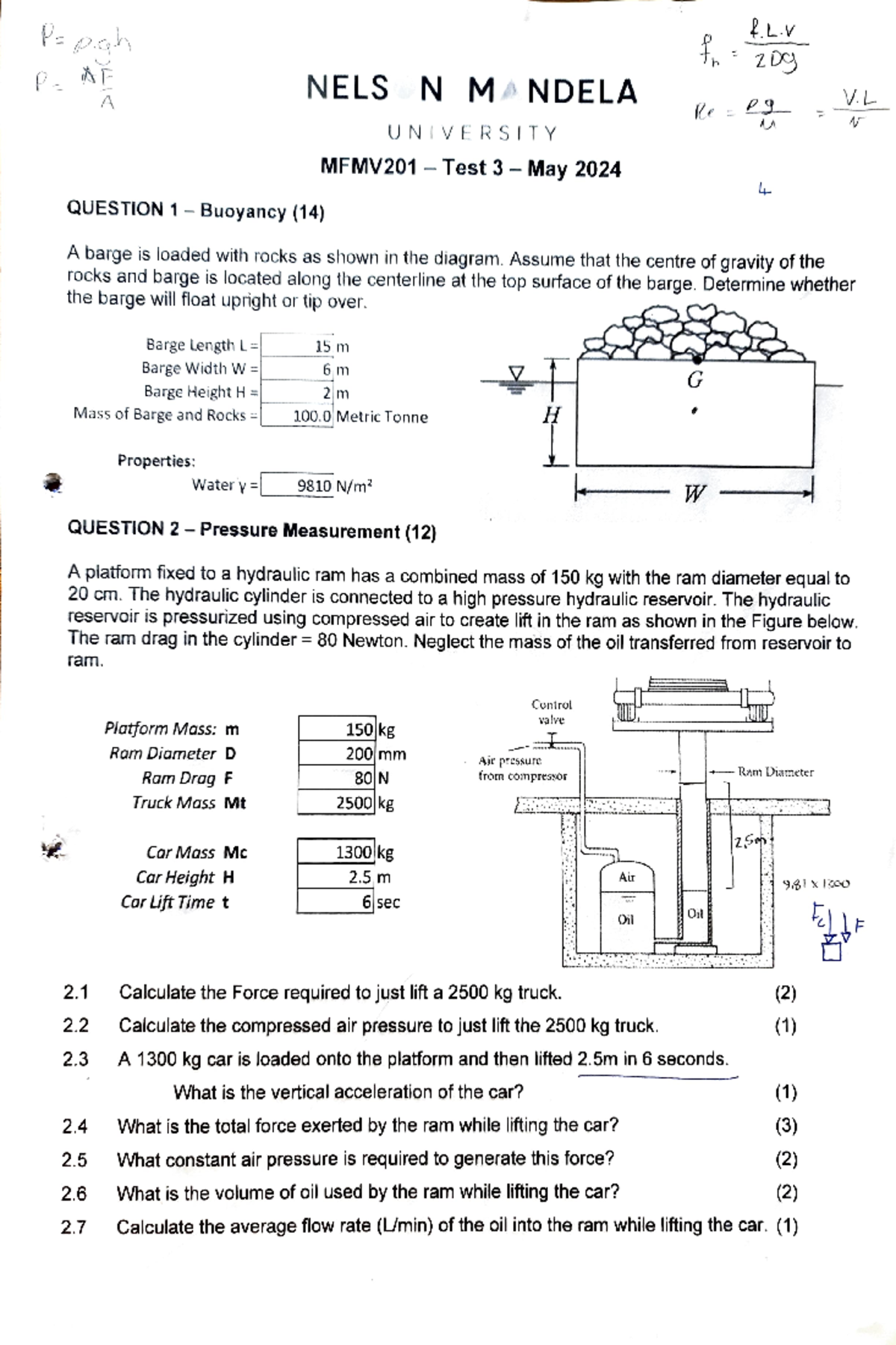 MFMV201 Test3 2024 - Practice test - P=p QUESTION 1 - Buoyancy (14) ram ...