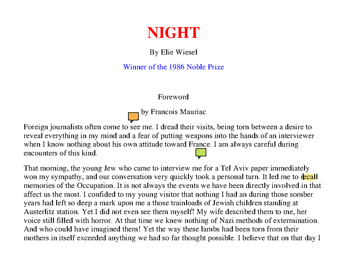 Night by Ellie Weisel - NIGHT By Elie Wiesel Winner of the 1986 Noble ...