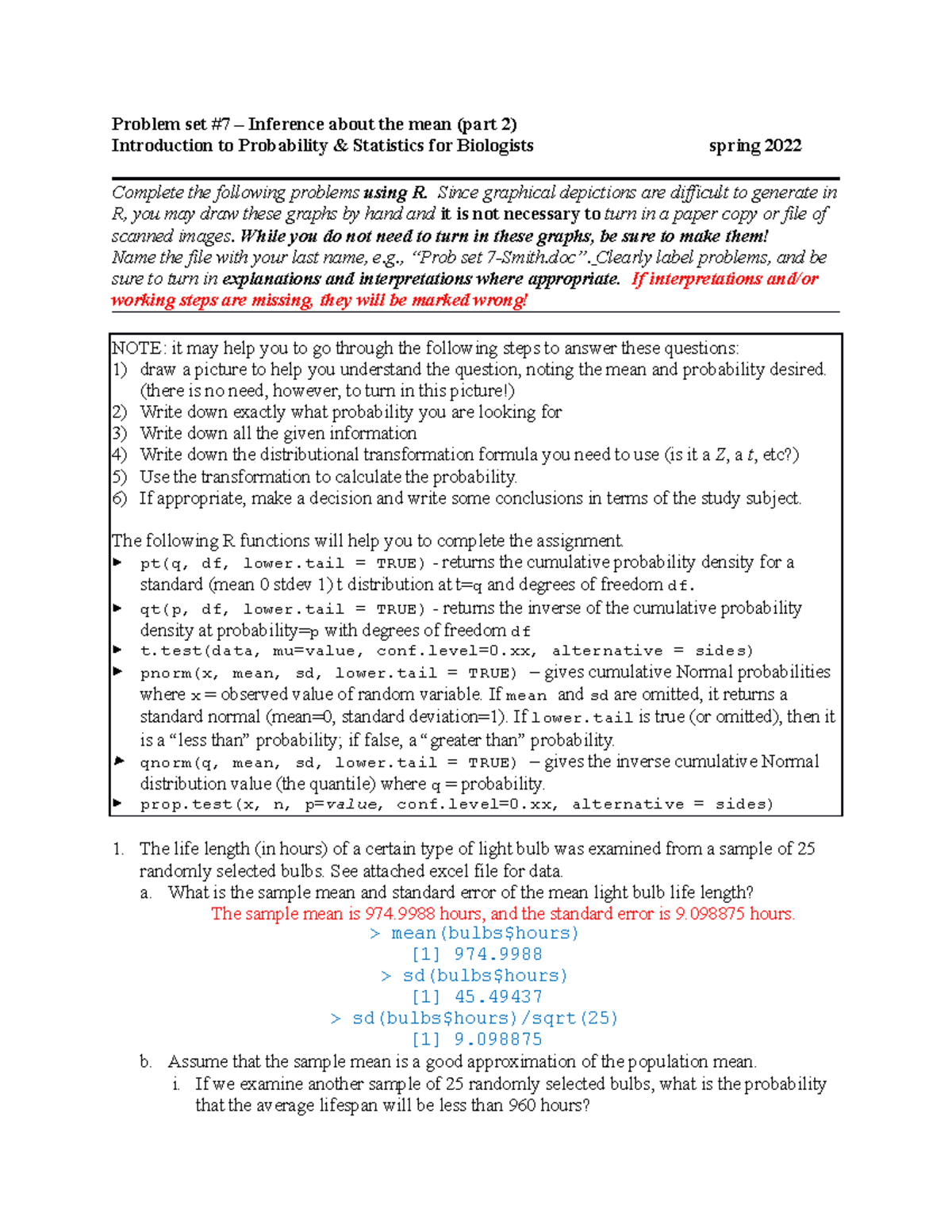 Prob Set 7 2022 - completed assignment-100% - Problem set #7 – Inference about the mean (part 2 ...