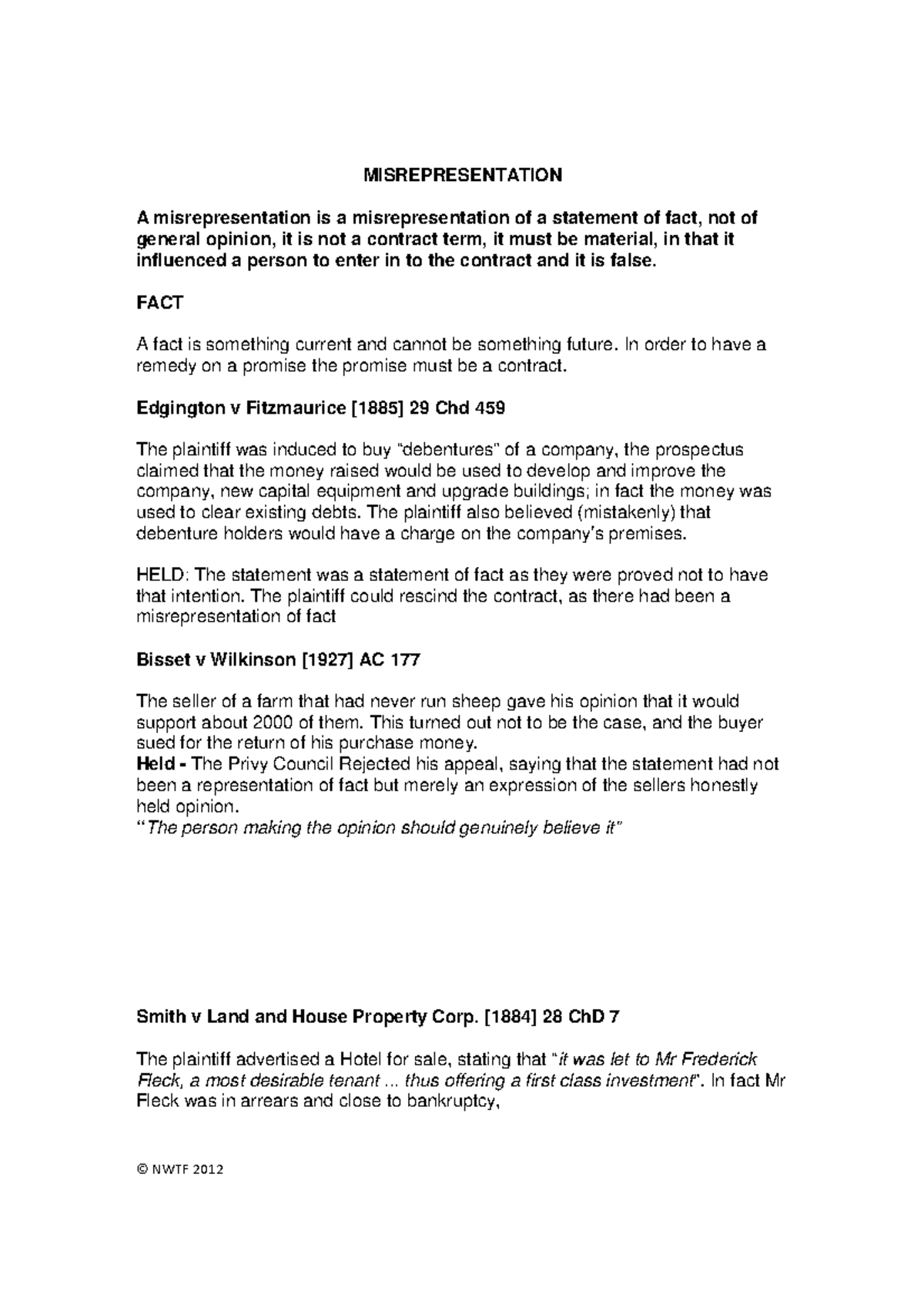 Misrepresentation cases - MISREPRESENTATION A misrepresentation is a ...