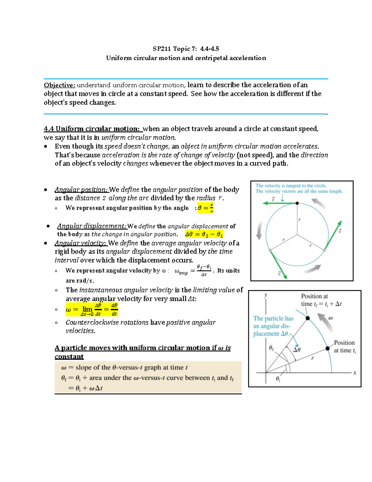 Topic 07 worksheet - SP211 Topic 7: 4-4. Uniform circular motion and centripetal acceleration ...