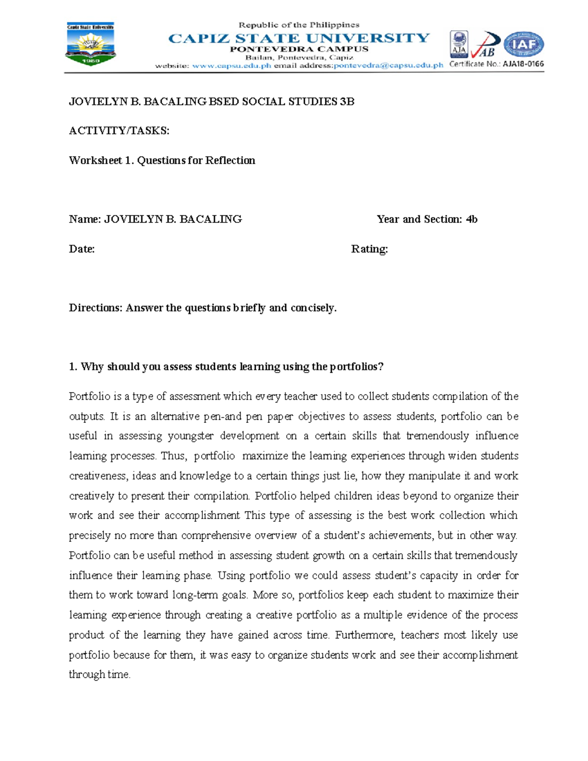 ASL-M5-W1 - alternative learning - JOVIELYN B. BACALING BSED SOCIAL STUDIES 3B ACTIVITY/TASKS ...