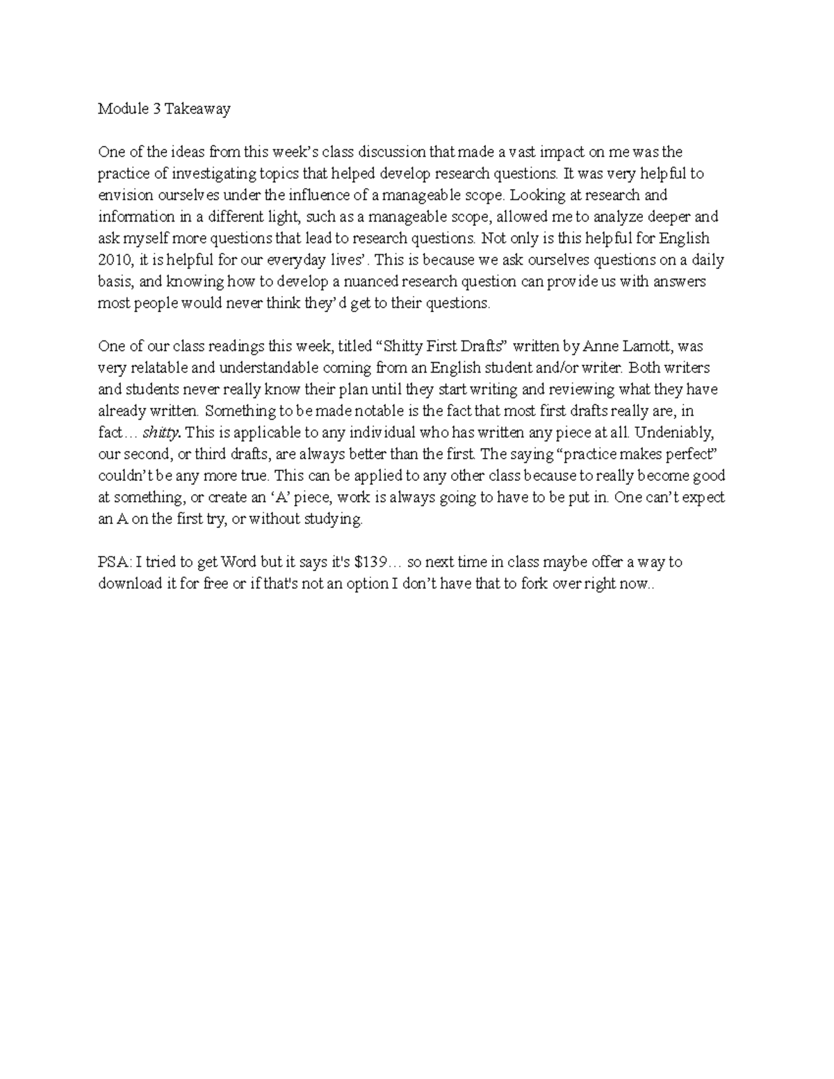 Module 3 Takeaway - Module 3 Takeaway One of the ideas from this week’s ...