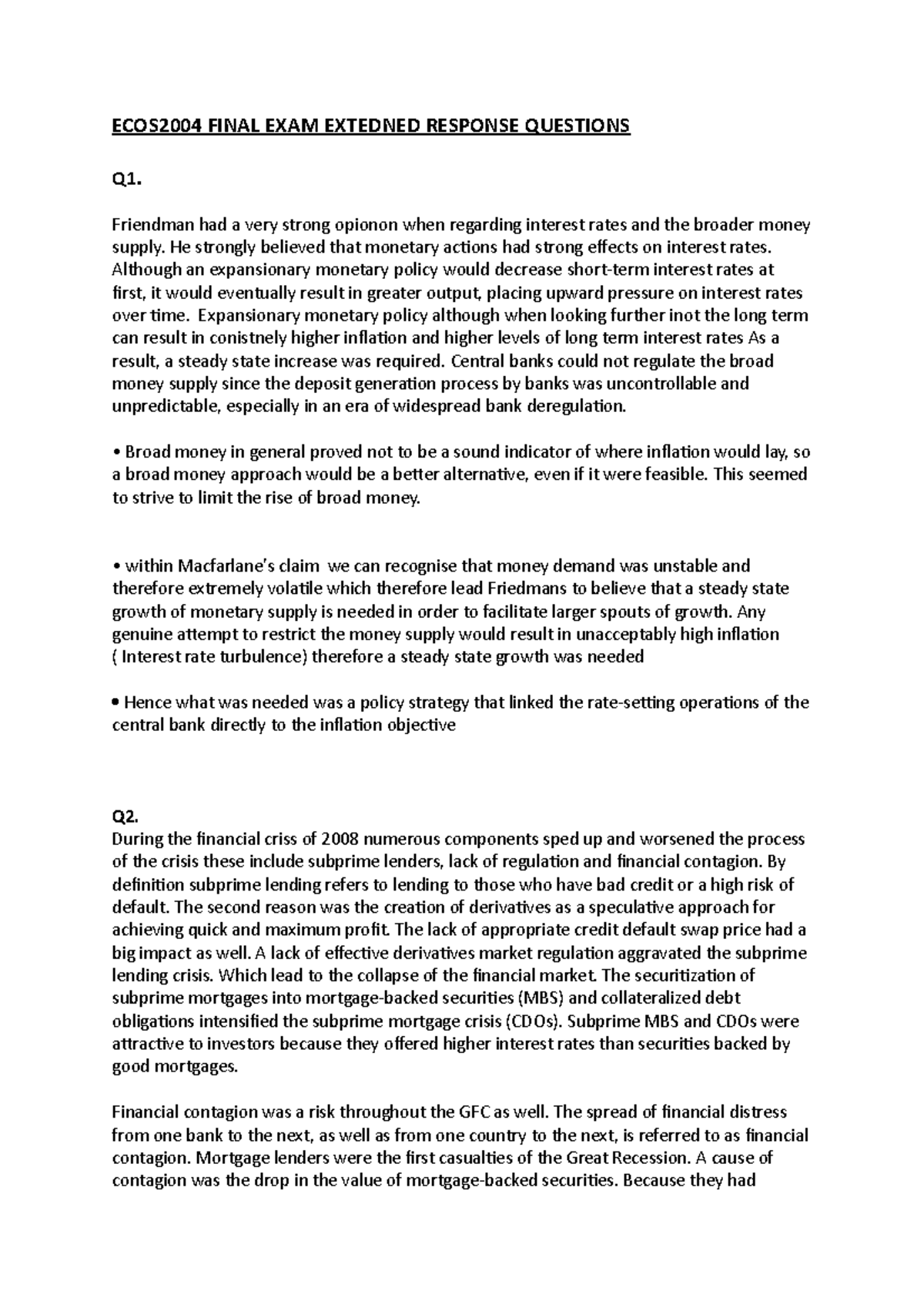 ECOS2004 Final EXAM Extedned Response Questions - ECOS2004 FINAL EXAM ...