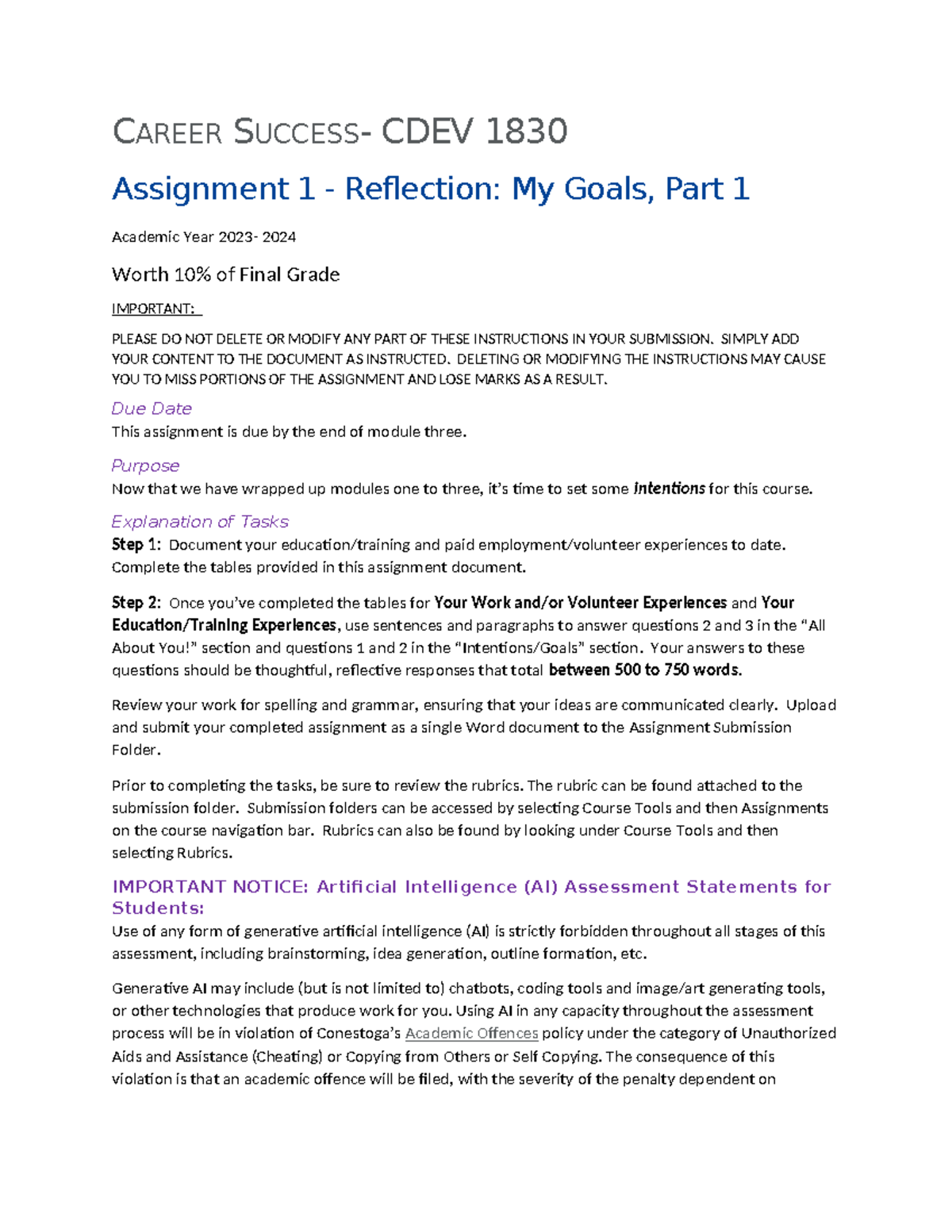 CDEV1830 Assignment 1 - Reflection - My Goals Part 1 - SIMPLY ADD YOUR CONTENT TO THE DOCUMENT ...