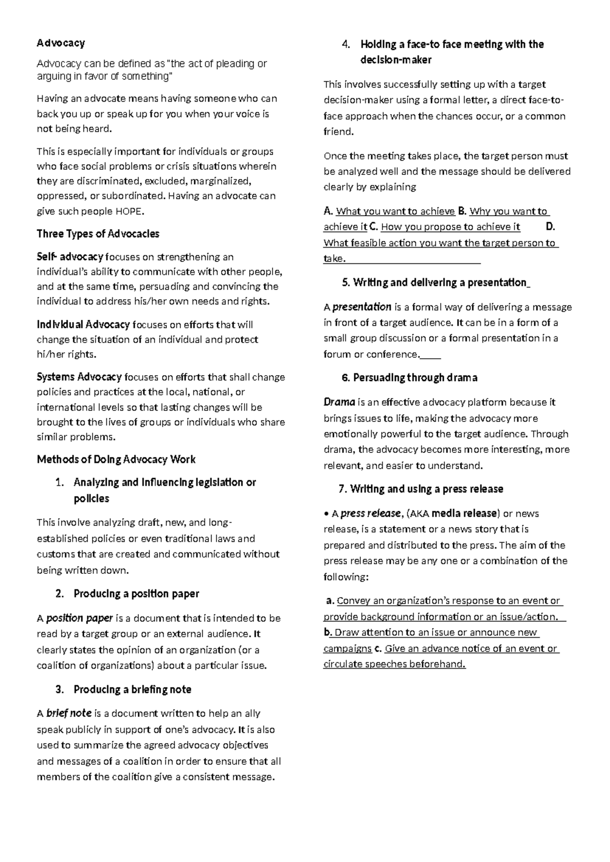 Cesac Reviewer - Advocacy Advocacy can be defined as “the act of ...