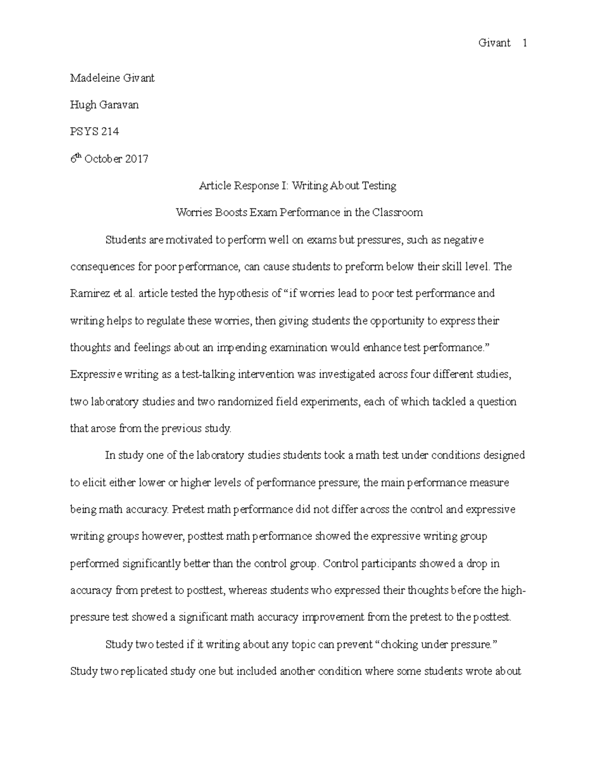 Article Response - Hugh Garavan - Givant 1 Madeleine Givant Hugh ...