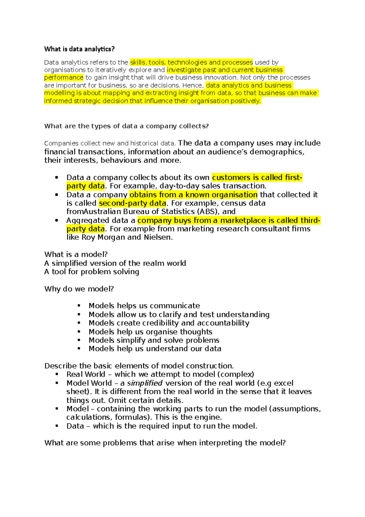 Data analytics revision NOTES. Question and answer for easy reference ...