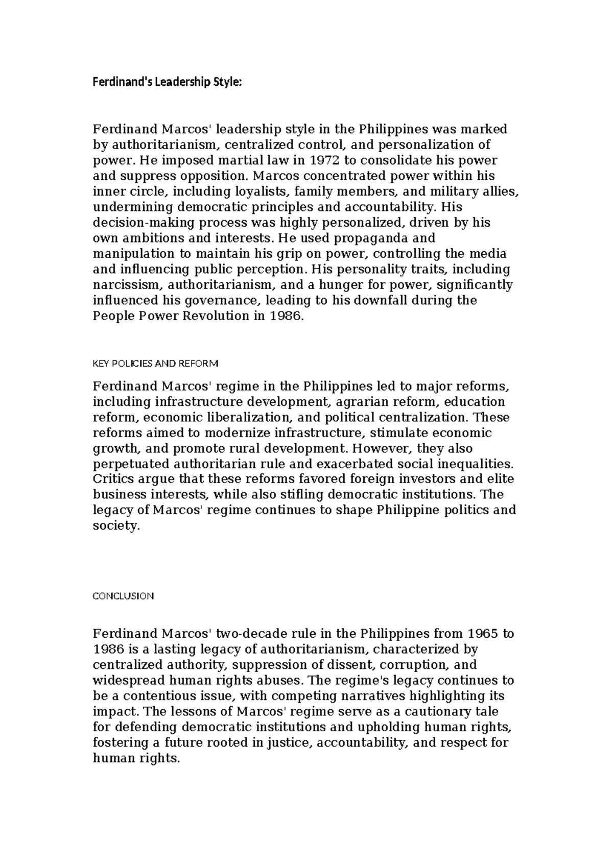 Script - Ferdinand's Leadership Style: Ferdinand Marcos' leadership ...