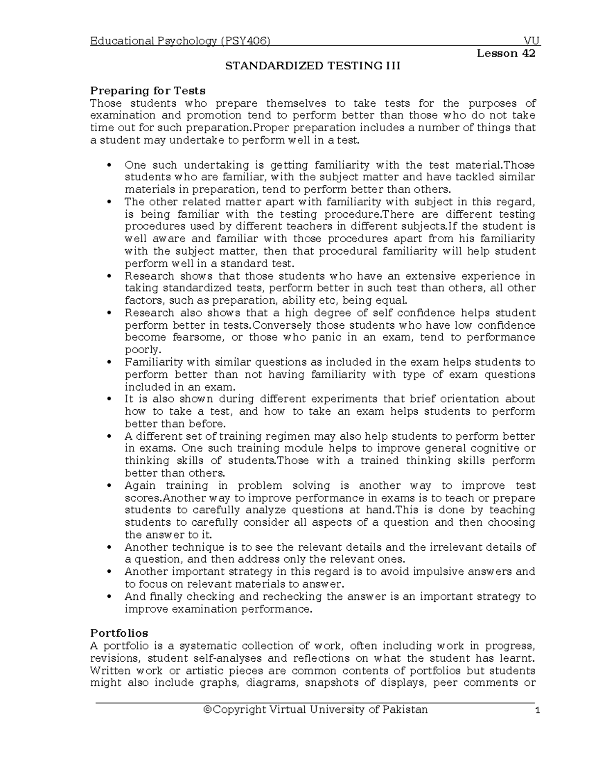PSY406 Marked Handout 4 - Lesson 42 STANDARDIZED TESTING III Preparing ...