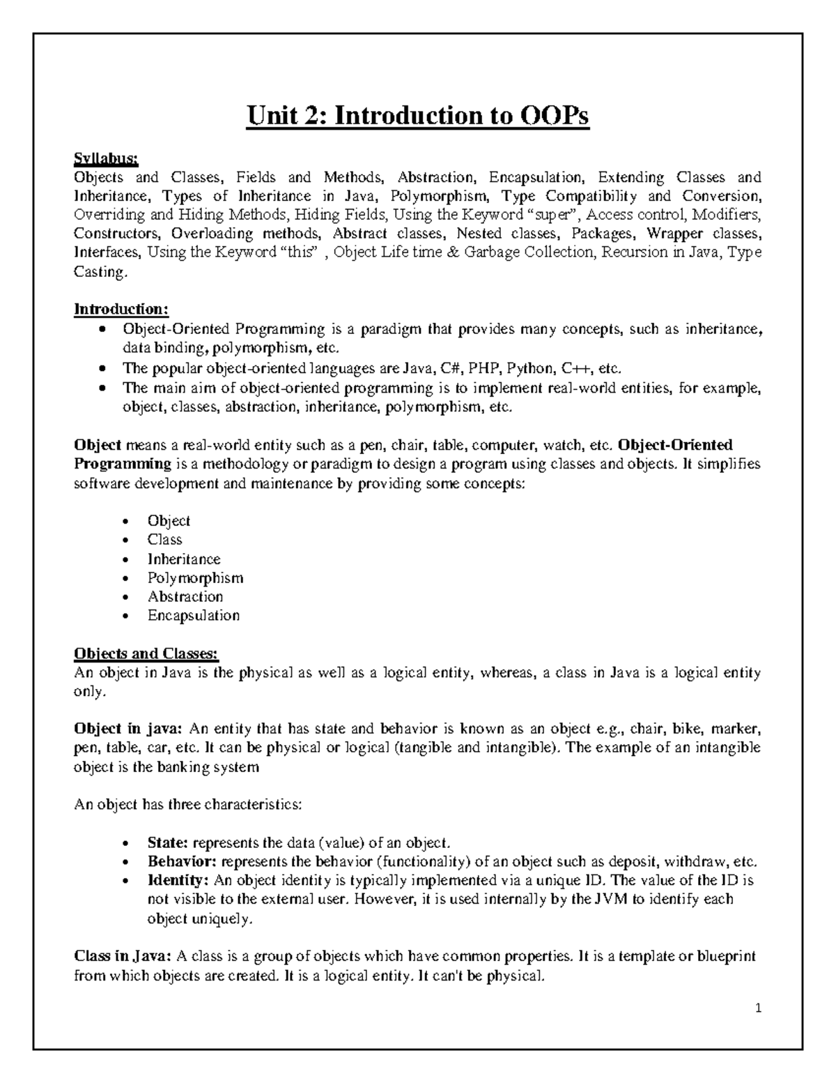 Chapter 2 Introduction to oop - Unit 2: Introduction to OOPs Syllabus: Objects and Classes ...