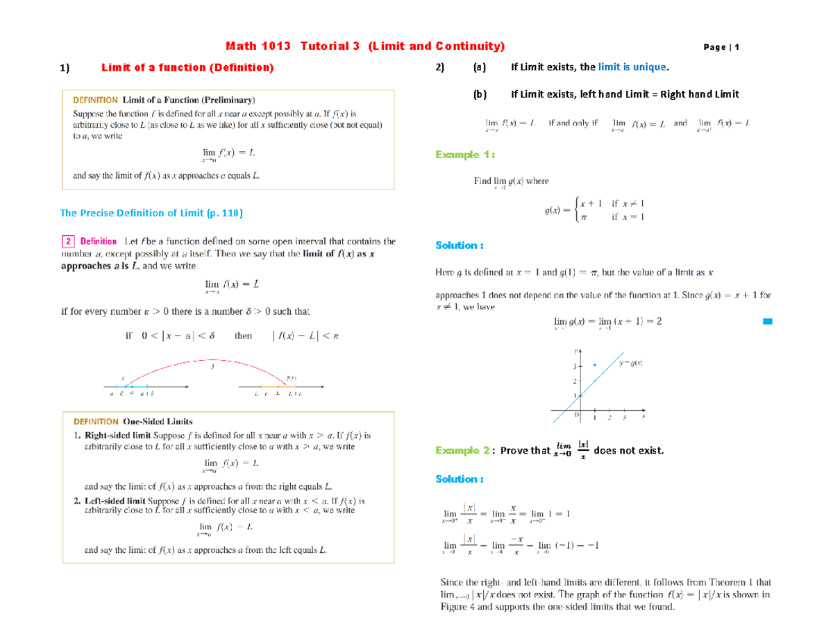 Math 1013 Tutorial 3 (Limit and Continuity) (T8) - Math 1013 Tutorial 3 (Limit and Continuity) 1 ...