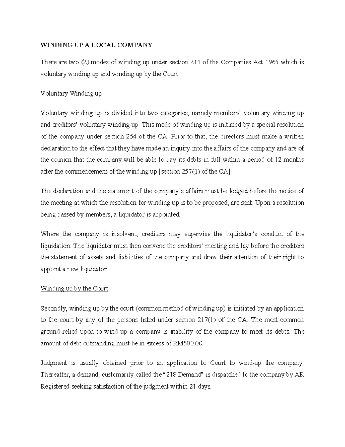 Winding up procedure - Summary business law - WINDING UP A LOCAL ...