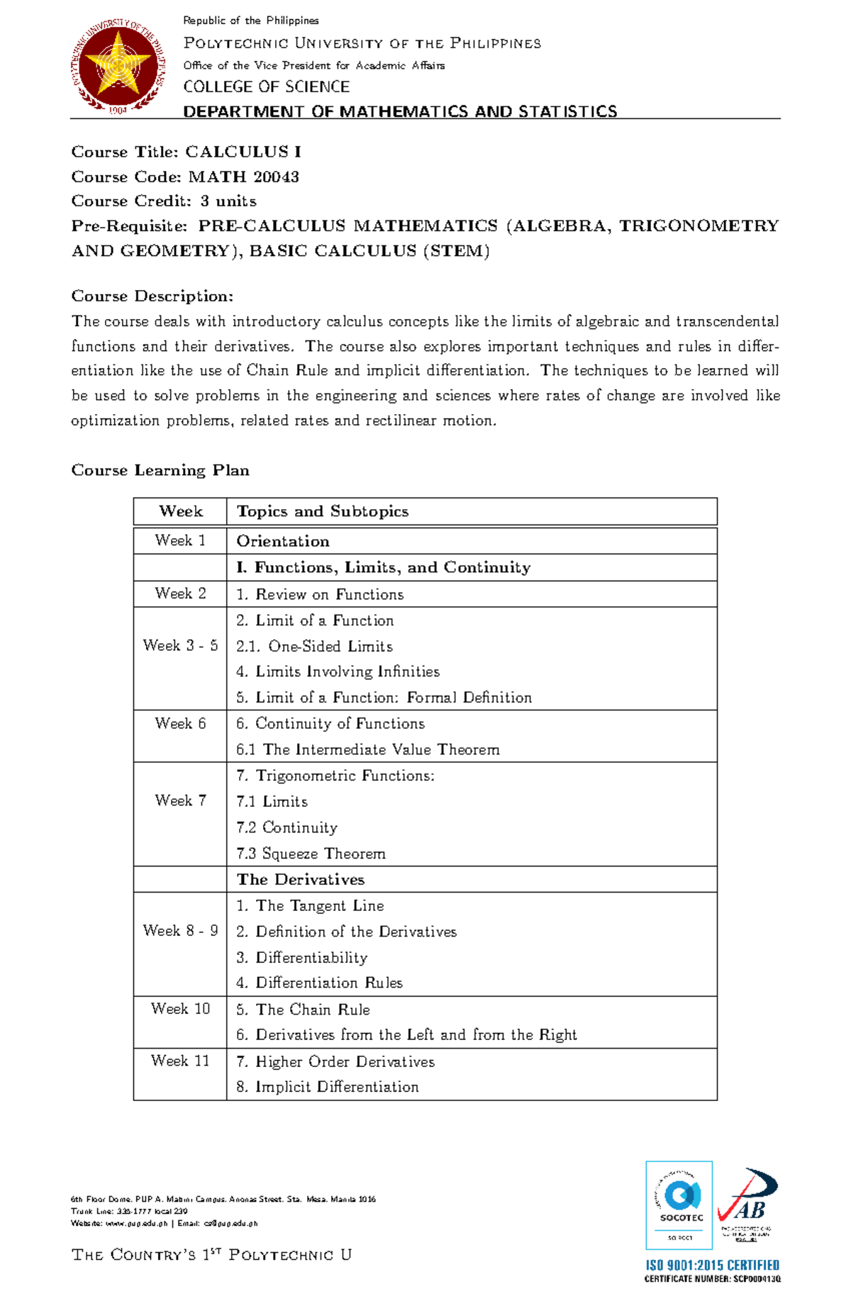 Calculus 1OBE Syllabus 2020 Calculus 1OBE Syllabus 2020 Calculus 1OBE ...