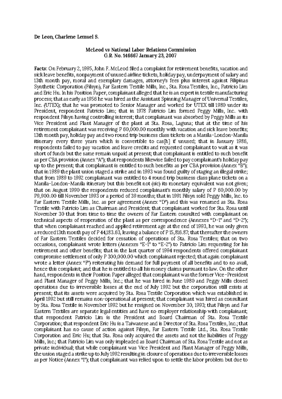 Mc Leod vs National Labor Relations Commission - De Leon, Charlene ...