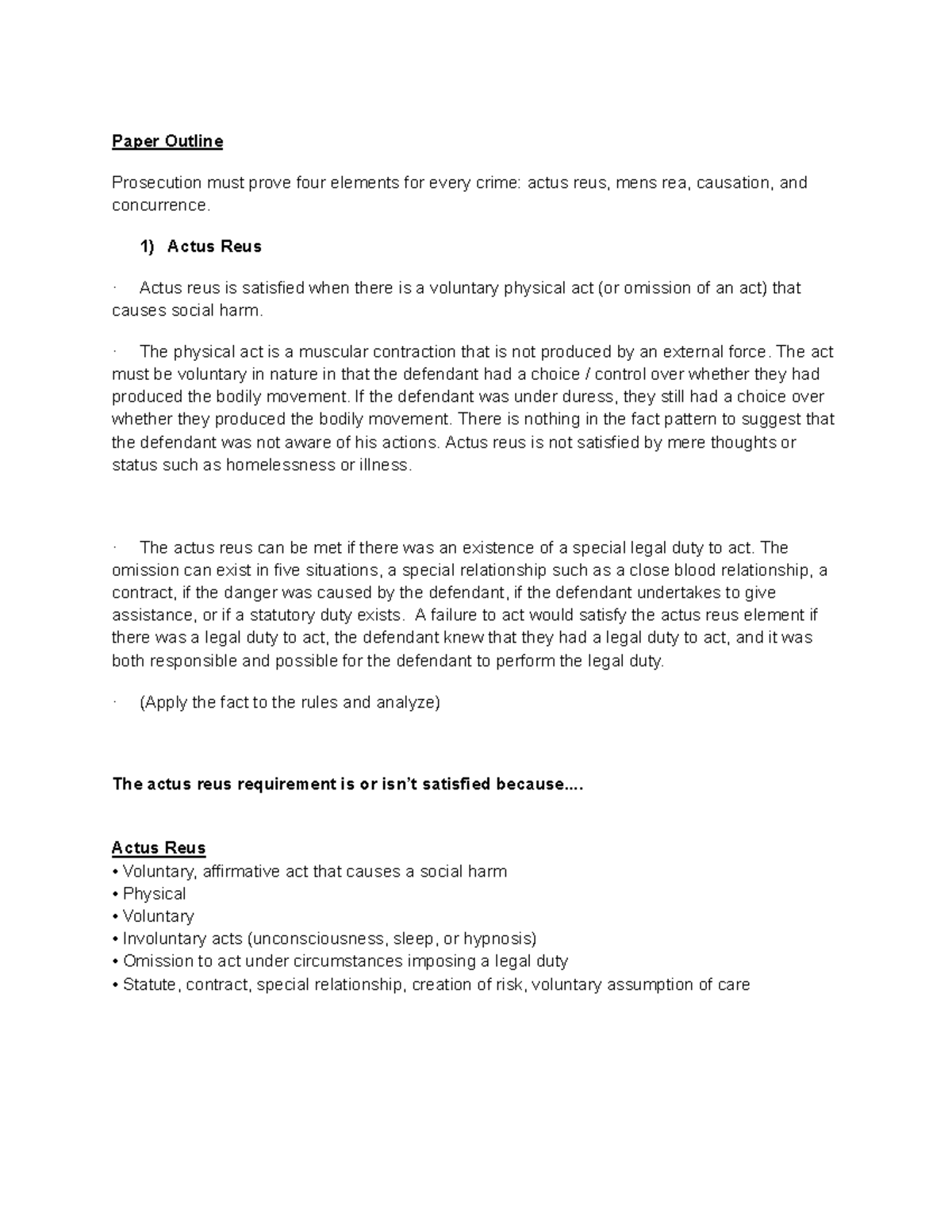 Criminal law paper outline - Paper Outline Prosecution must prove four ...