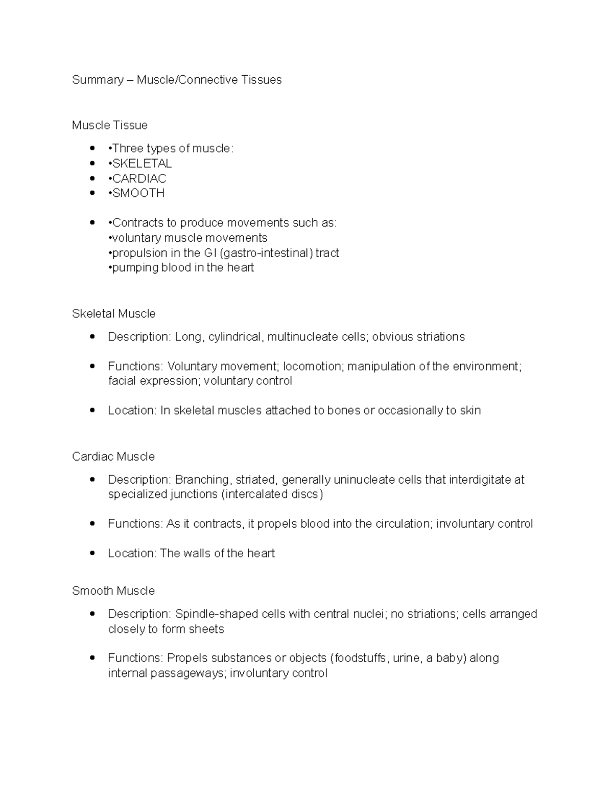 Summary 2.1 - Muscle Connective Tissues - Summary – Muscle/Connective ...