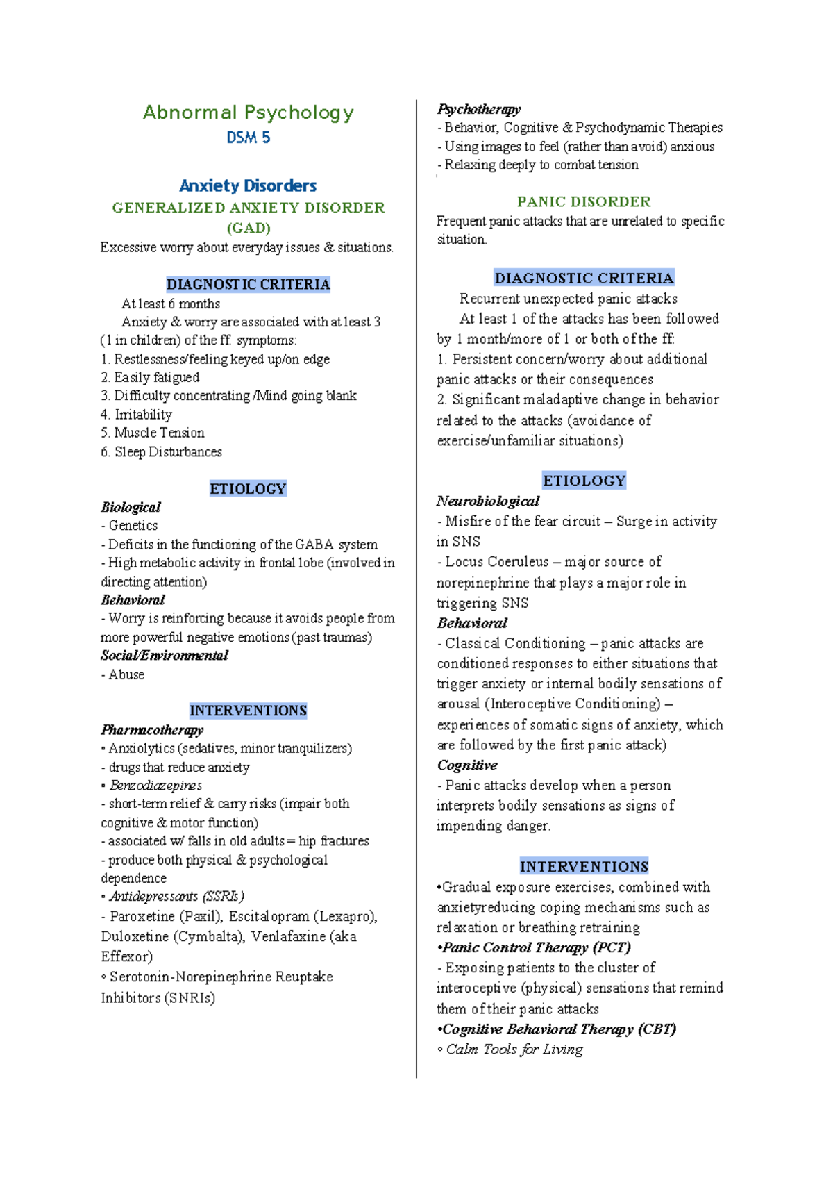 Abpsych DSM🍃 - Not completed - Abnormal Psychology DSM 5 Anxiety ...