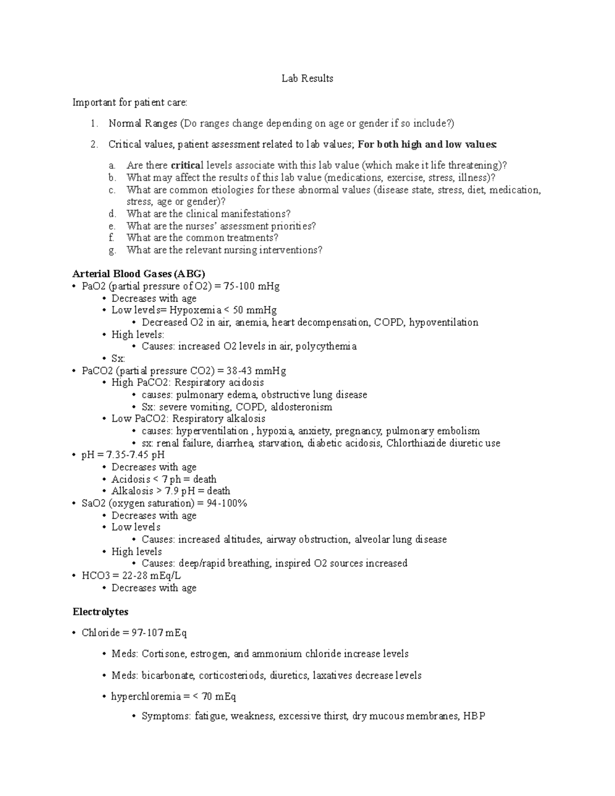 Normal Labs Assigment - Lab Results Important for patient care: 1 ...