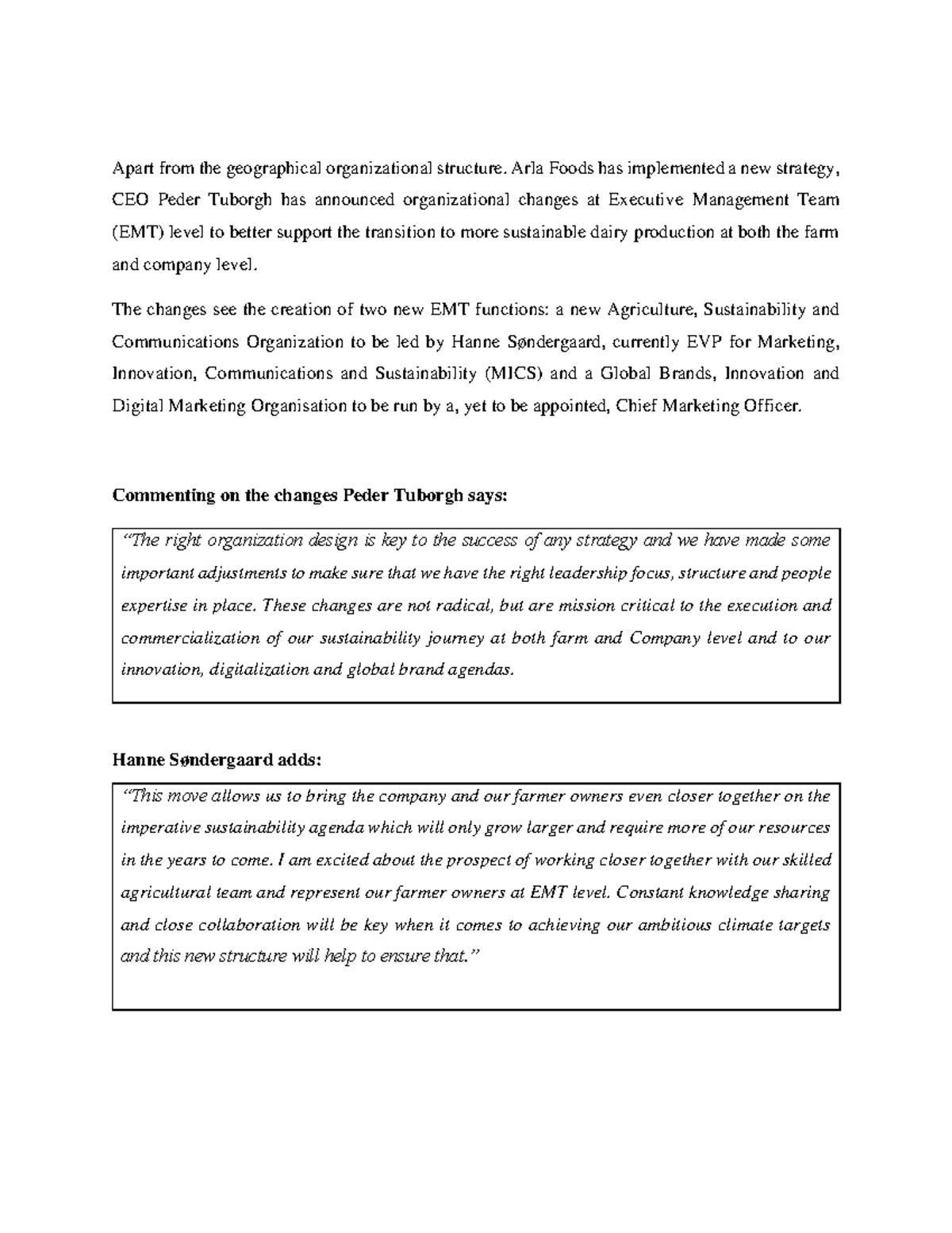 Possible international organizational structure for arla compnay ...
