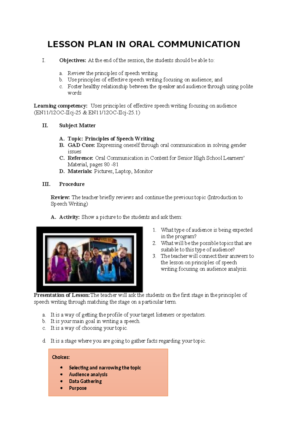 Lesson plan in Speech writing 2 - LESSON PLAN IN ORAL COMMUNICATION I ...