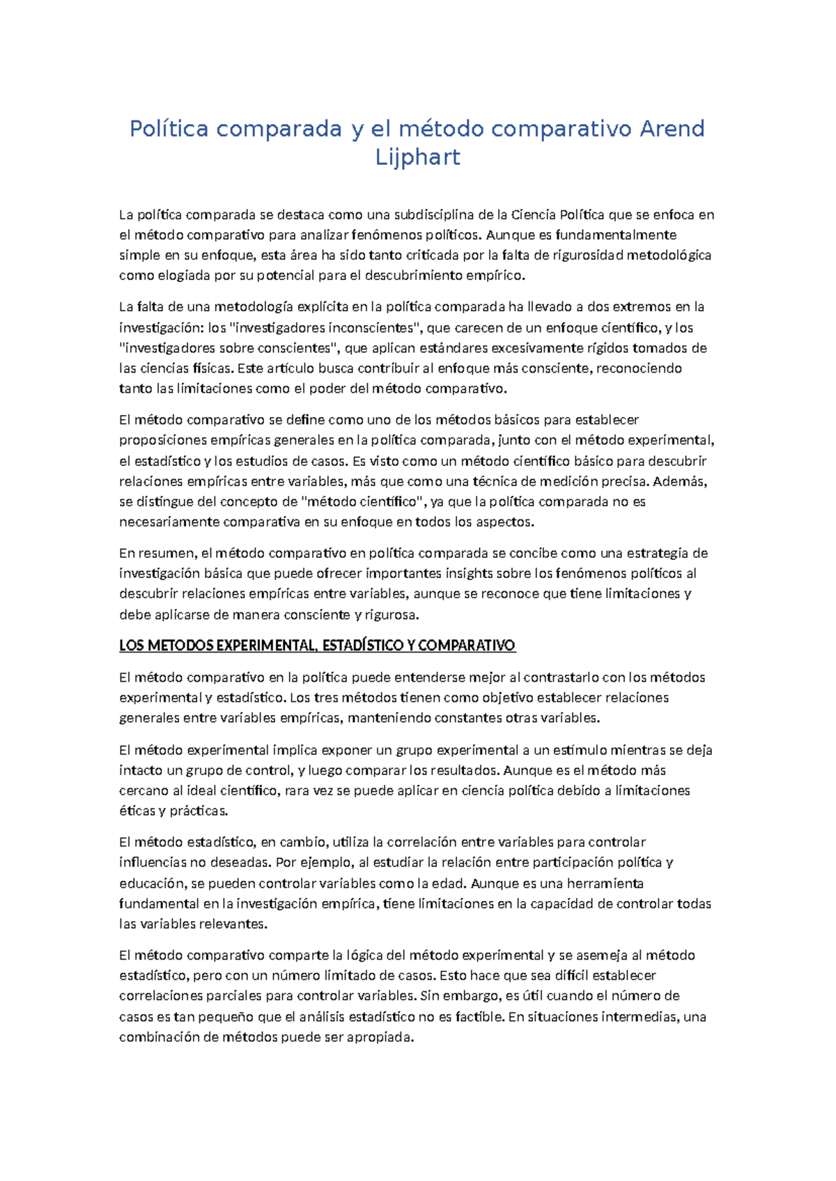Política comparada y el método comparativo Arend Lijphart resumen ...