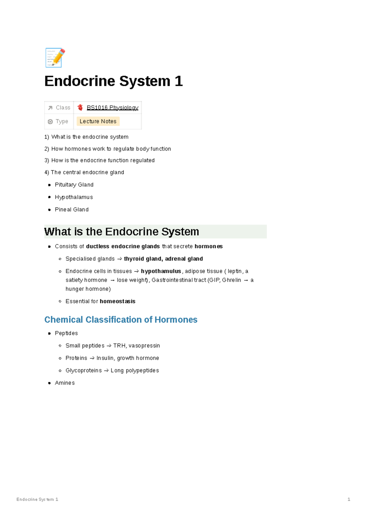 Endocrine System 1 Summary - 📝 Endocrine System 1 Class 🫀 BS1016 ...