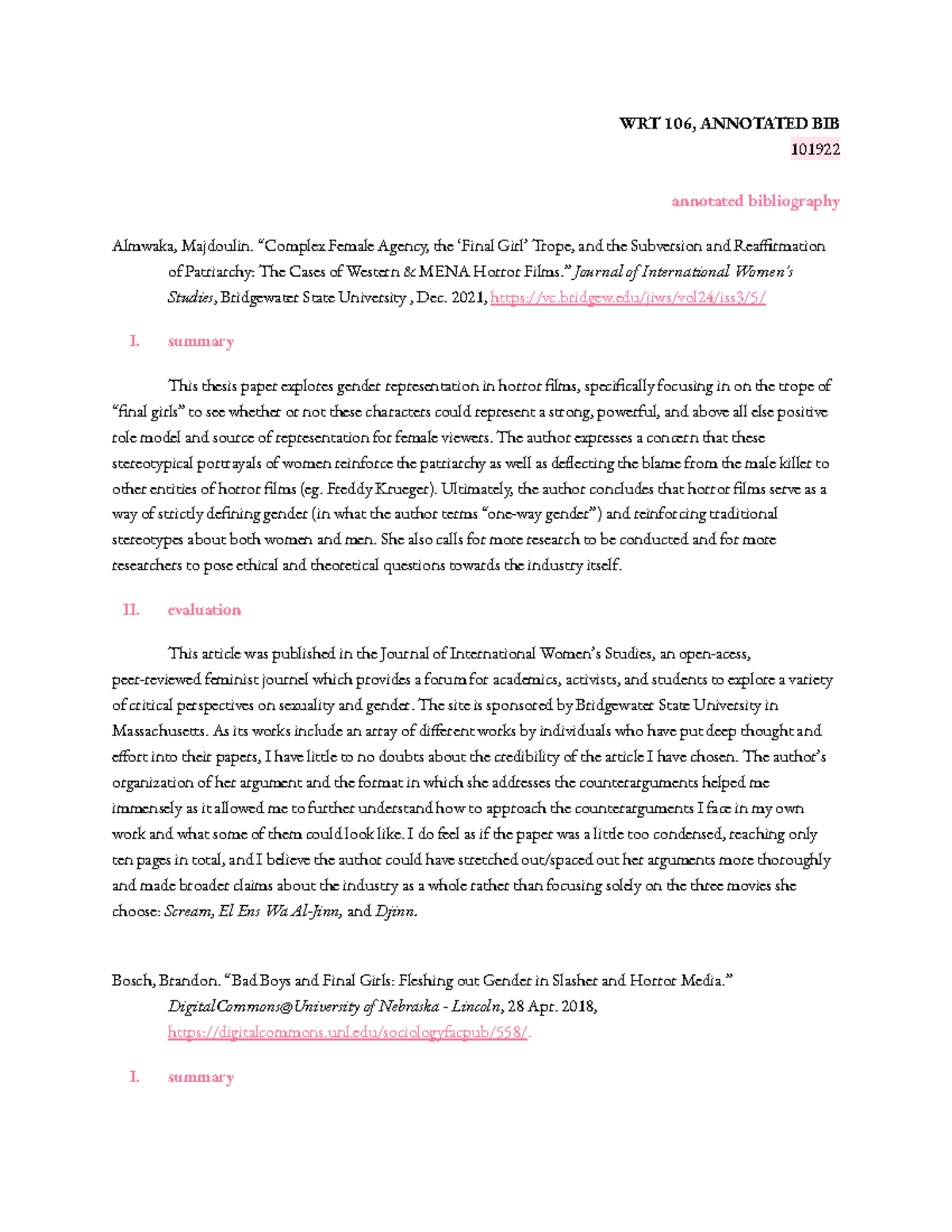 WRT 106 College Writing Intensive A2 Annotated Bibliography - WRT 106 ...