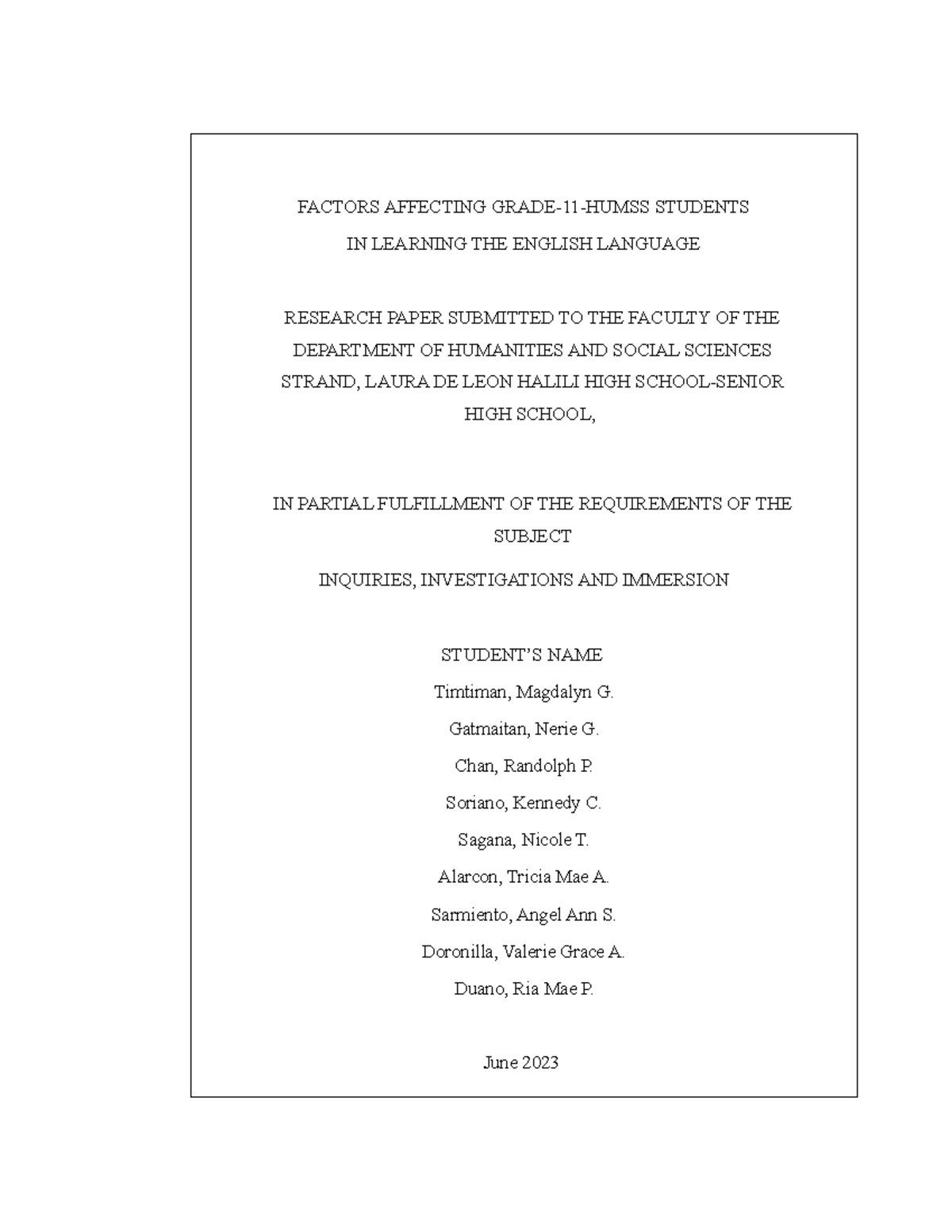 Rp group 1 1 - Research draft - FACTORS AFFECTING GRADE-11-HUMSS STUDENTS IN LEARNING THE ...