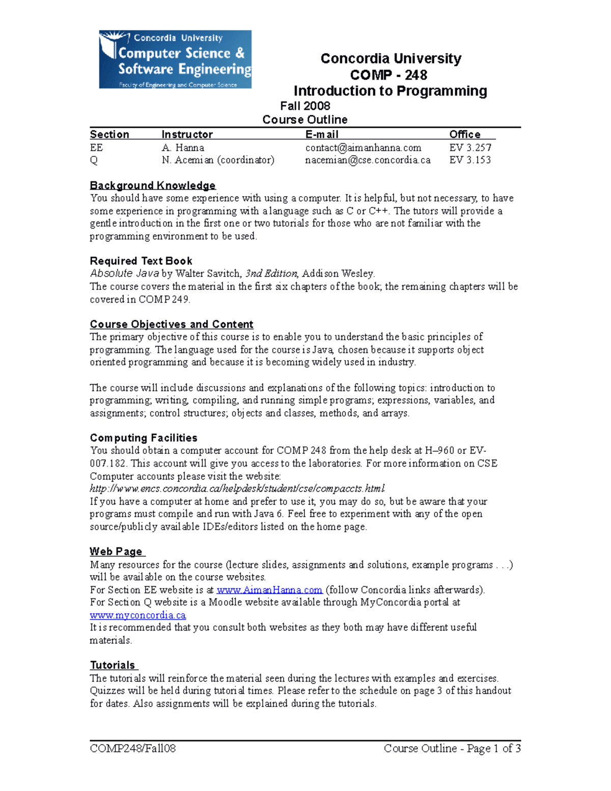 Comp248 F08 Course Outline Concordia University Comp 248 Introduction To Programming Fall
