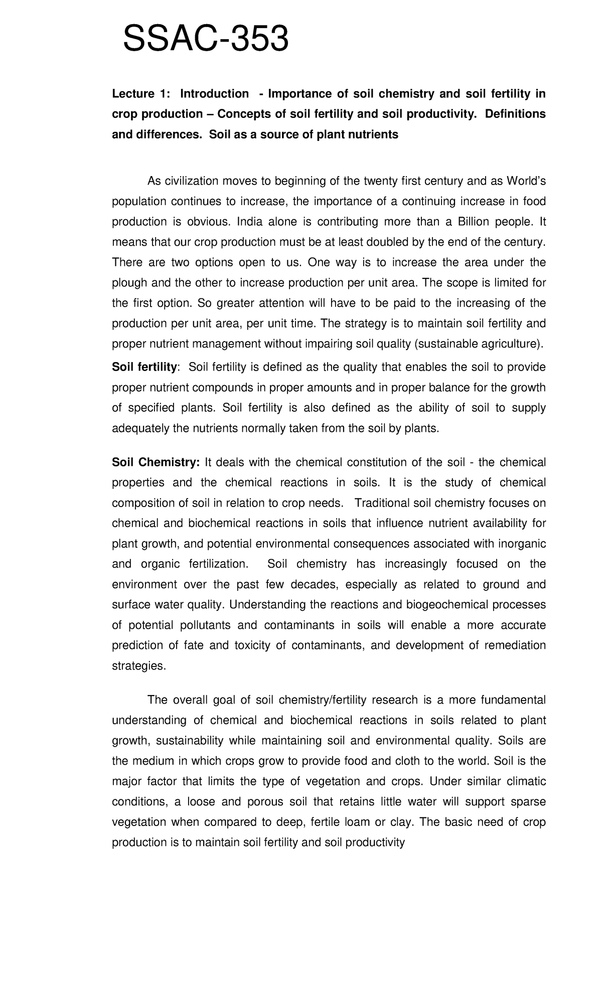SSAC 353 Printed LONG NOTE 3 - Lecture 1: Introduction - Importance of ...