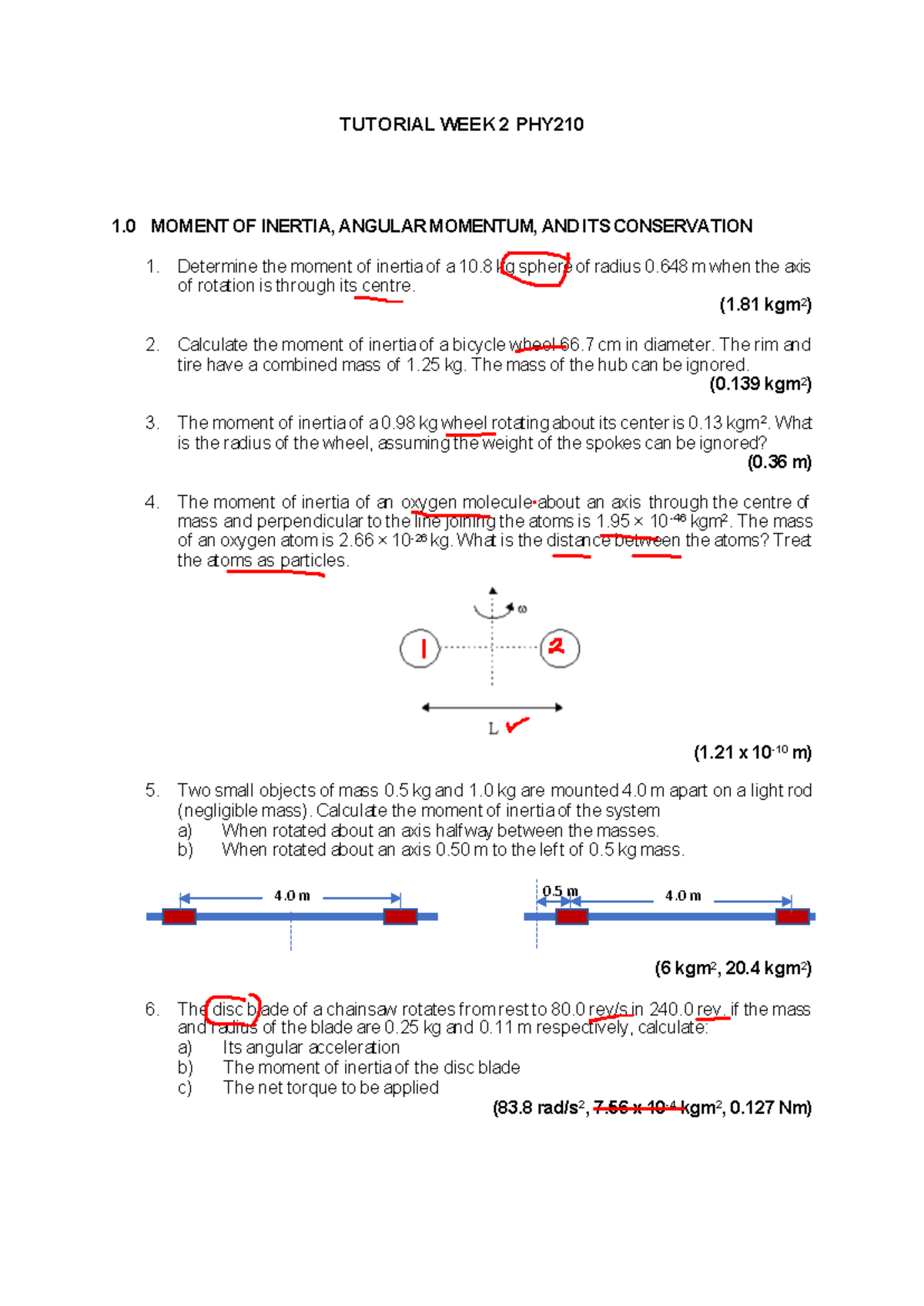PHY210 Tutorial WEEK 2 - TUTORIAL WEEK 2 PHY 1 MOMENT OF INERTIA, ANGULAR MOMENTUM, AND ITS ...