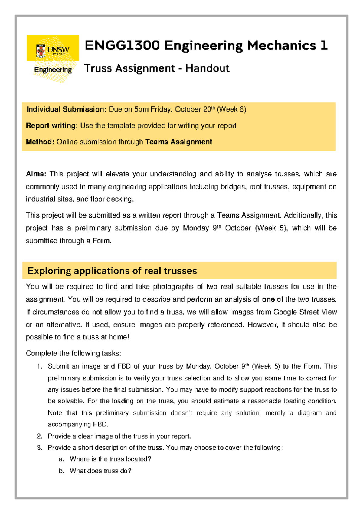 ENGG1300 - Truss Assignment - 2023 T3 - Aims: This project will elevate ...