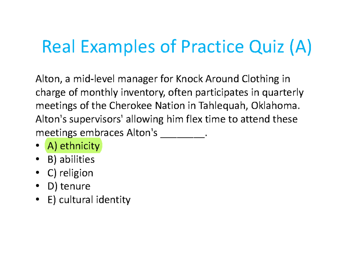 Exam 1 Practice Questions - Real Examples of Practice Quiz (A) Alton, a ...